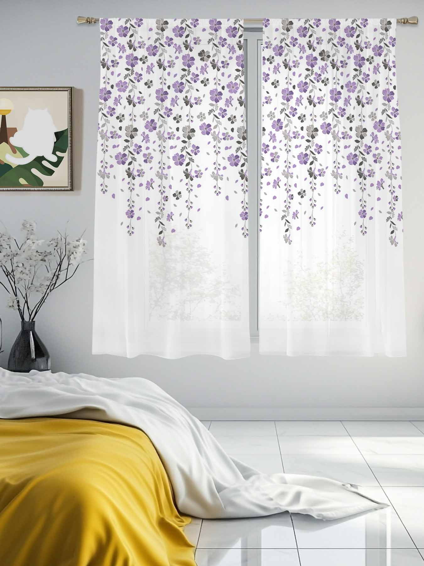 Flower Purple Sheer Curtains 63 inches Long 2 Panels Set Grey Cherry ...