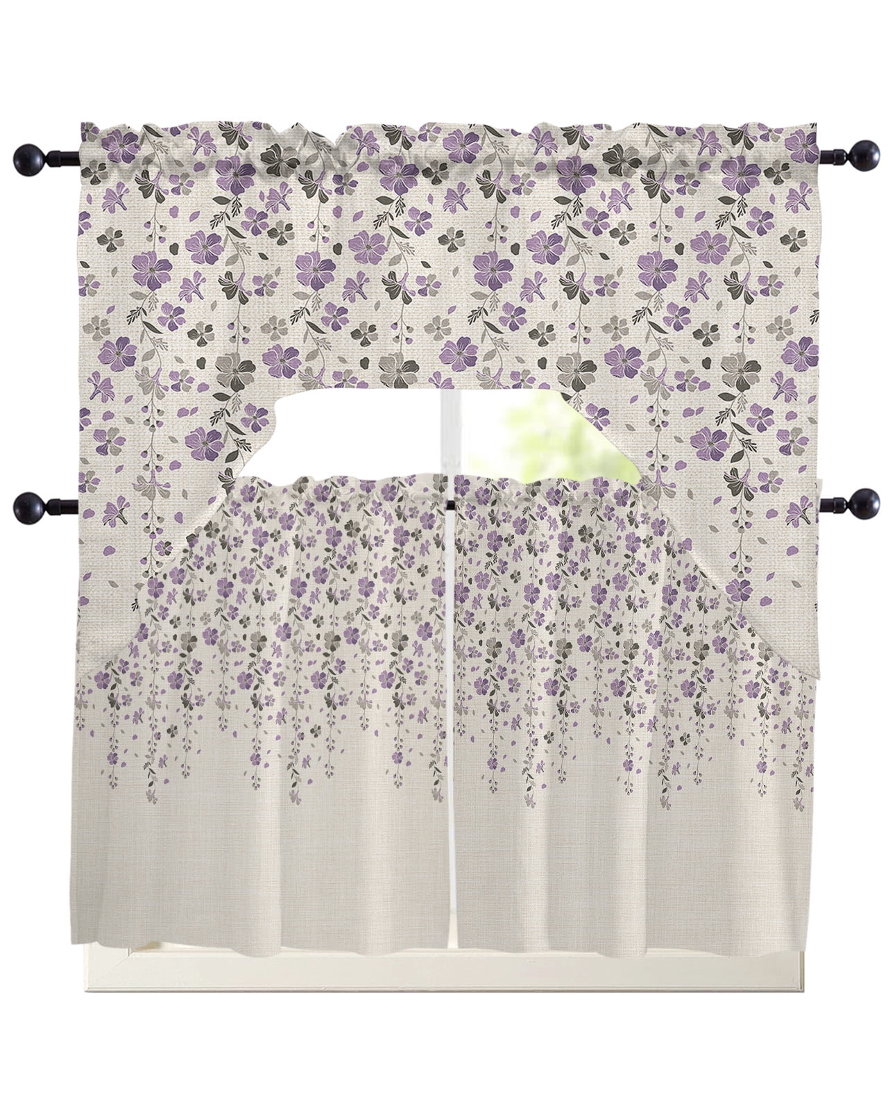 Flower Purple Swag Valance and Tier Curtains Set Grey Cherry Blossoms ...