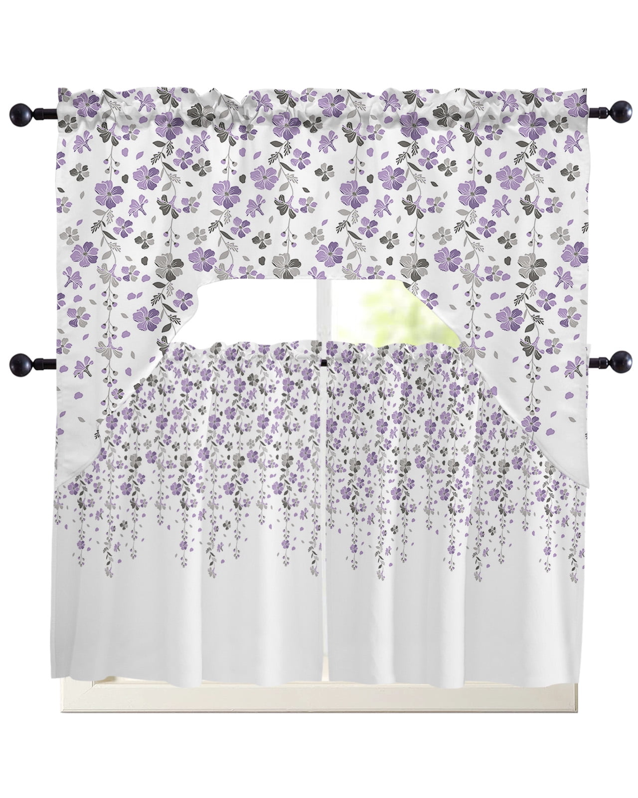 Flower Purple Swag Valance and Tier Curtains Set Grey Cherry Blossoms ...