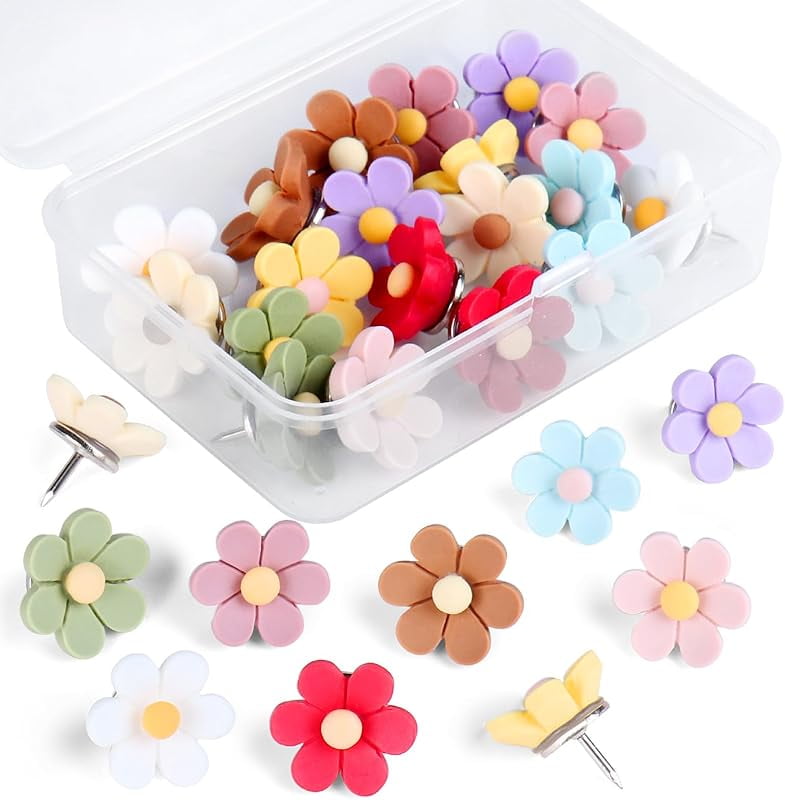 Flower Push Pins,30pcs Push Pins for Cork Board Pink Decorative Thumb Tacks Cute Push Pins for ...