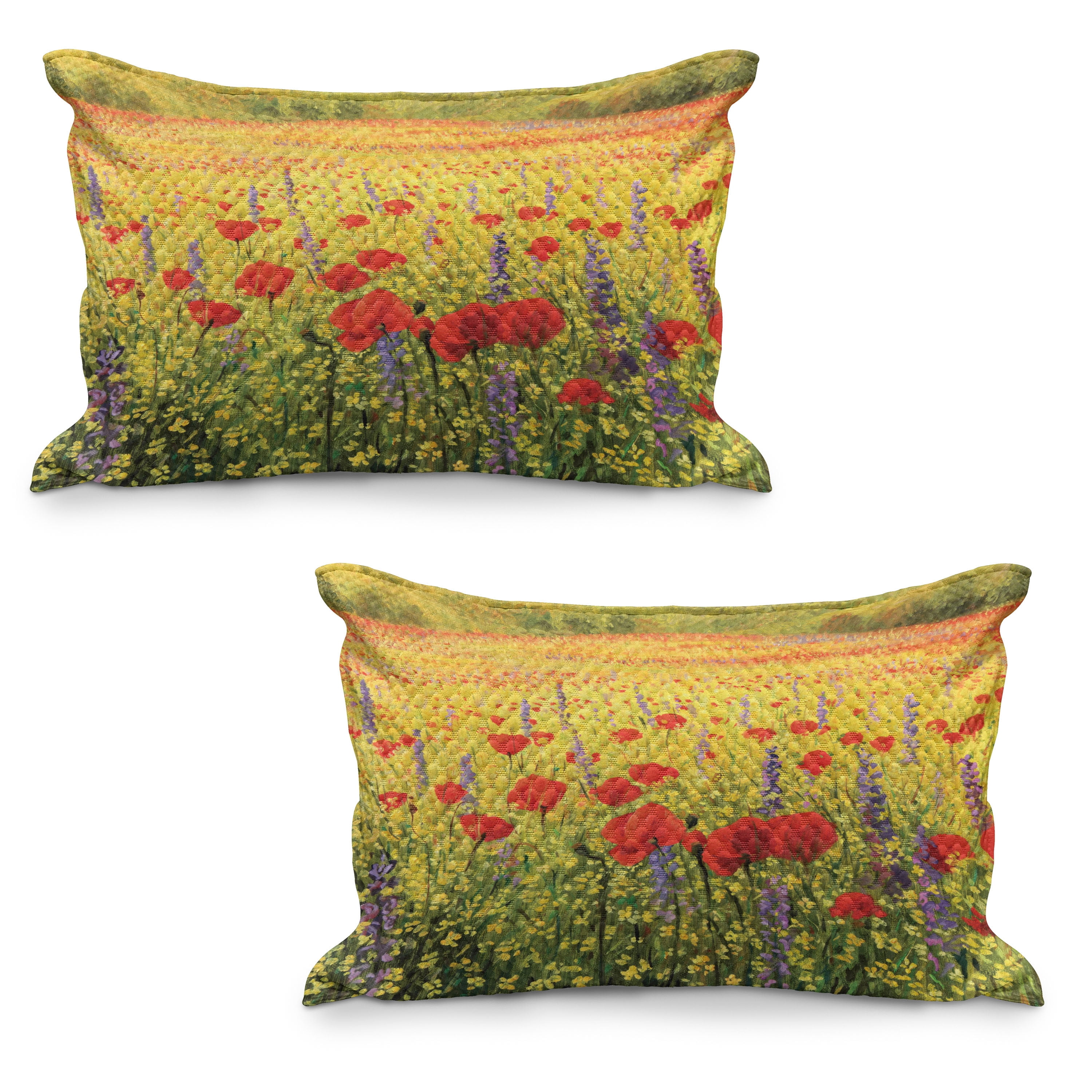 Flower Quilted Pillowcover Set of 2, Colorful Field Poppies Bloom ...
