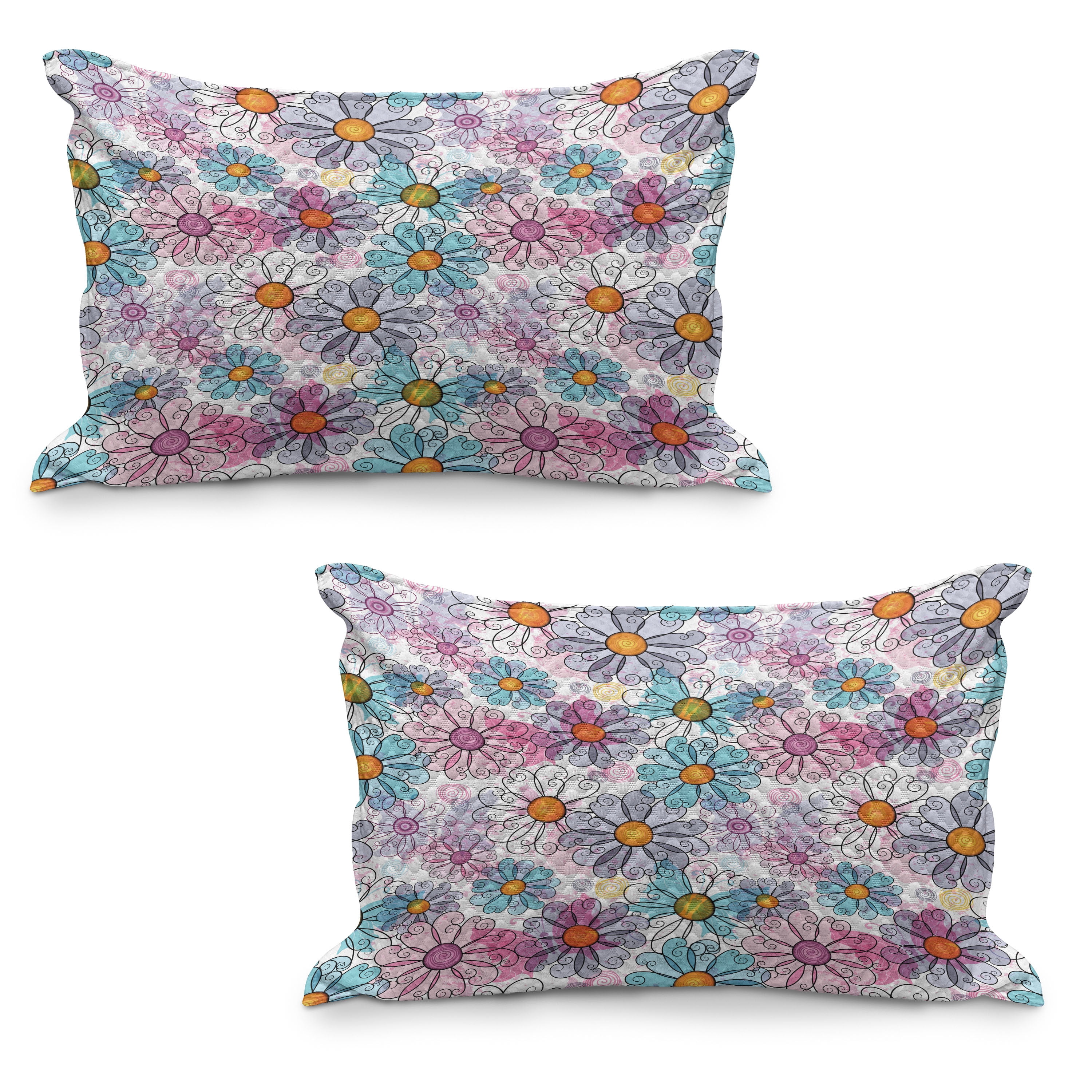 Flower Quilted Pillowcover Set of 2, Retro Spring Floral Pattern Grunge ...
