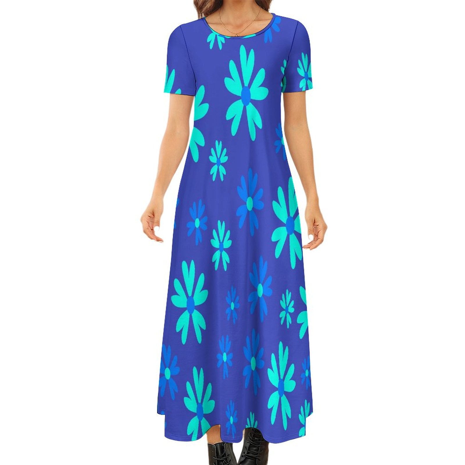 Flower, Random, Blue Maxi Dress for Women Crew Neck Beach Dress Short ...