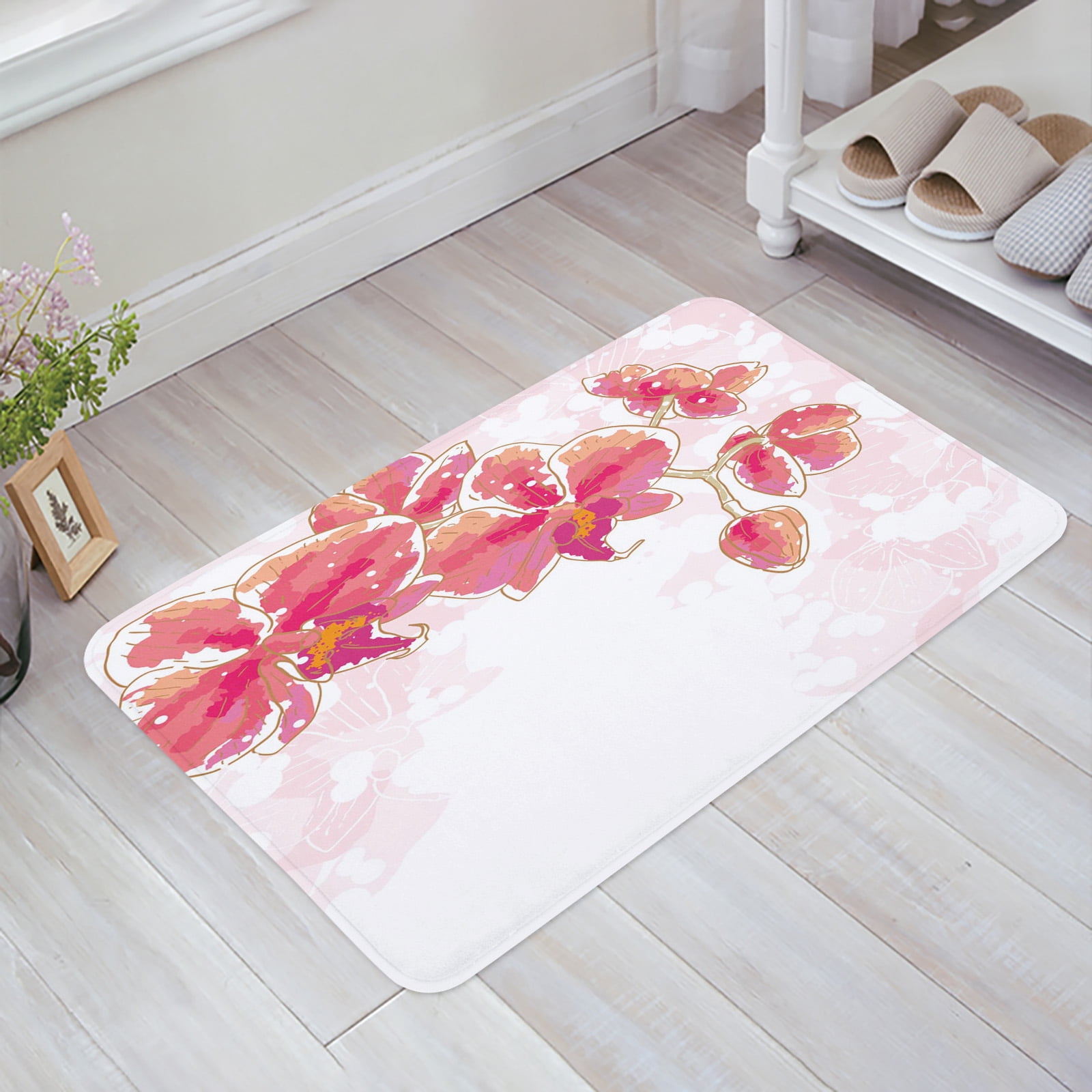 Flower Red Art Watercolour Orchid Branch Bathroom Mat Carpet Kitchen ...