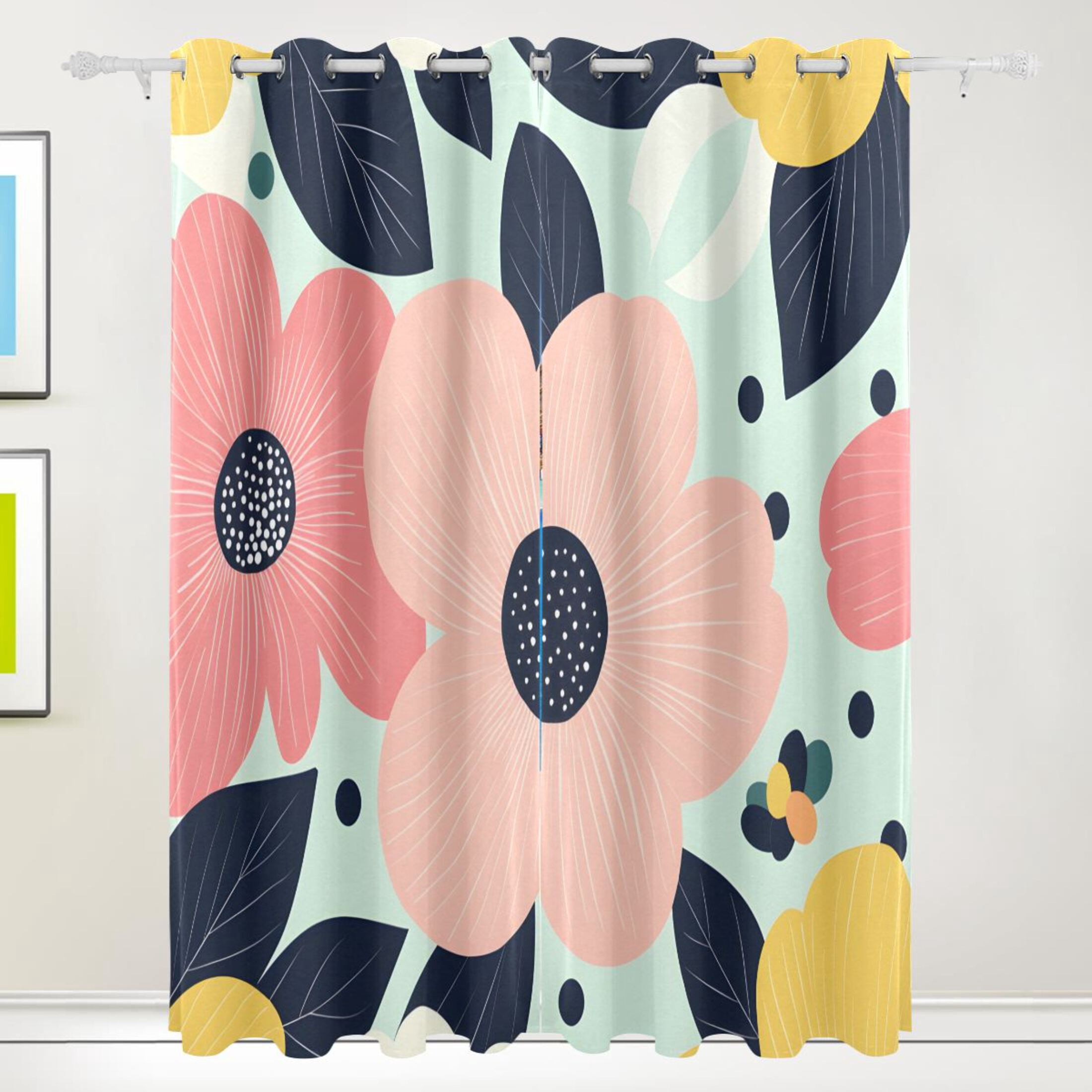 Flower Red Color Blackout Curtains 55W x 72 Living Room Bedroom ...