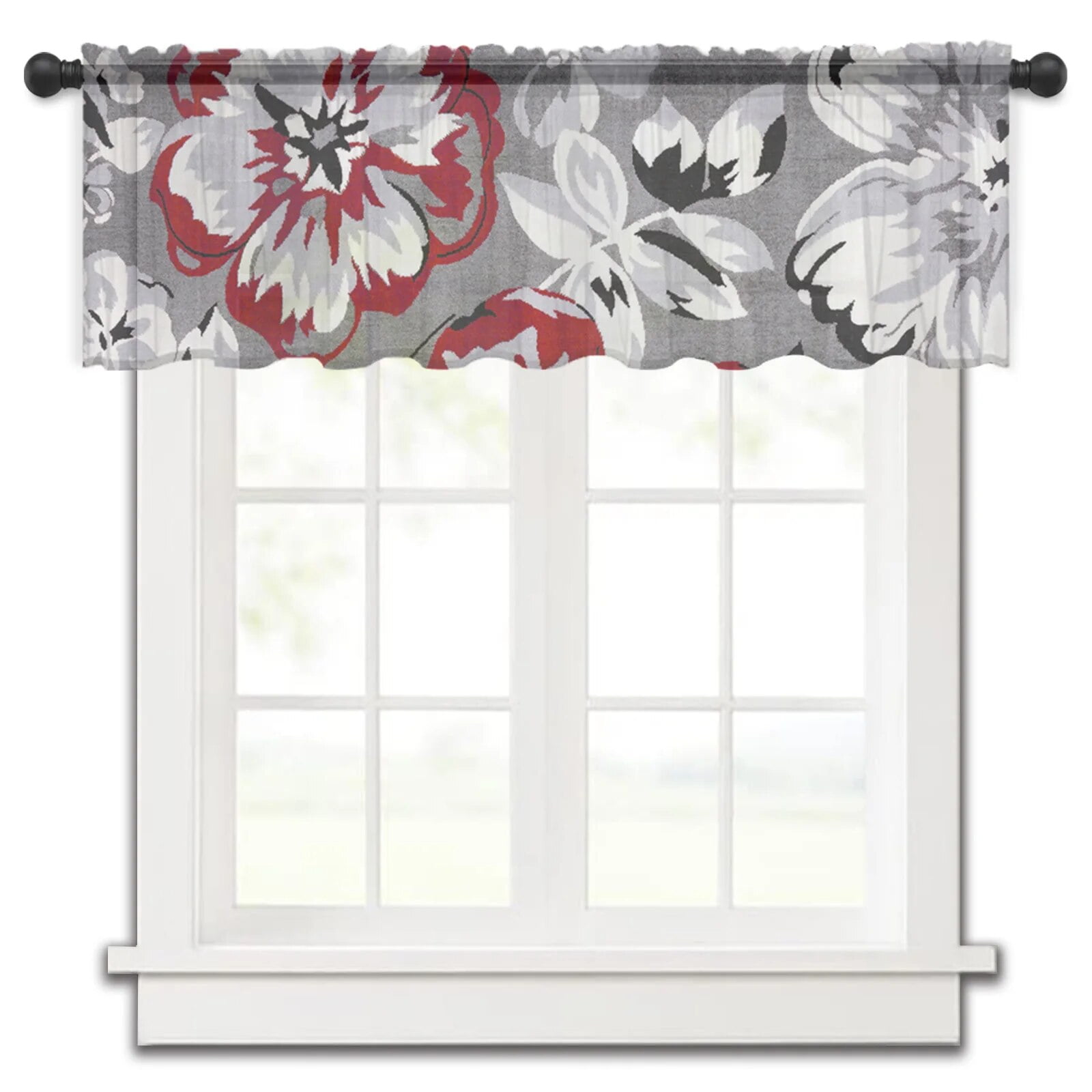 Flower Red Grey Texture Short Tulle Curtains Bedroom Voile Sheer Half ...