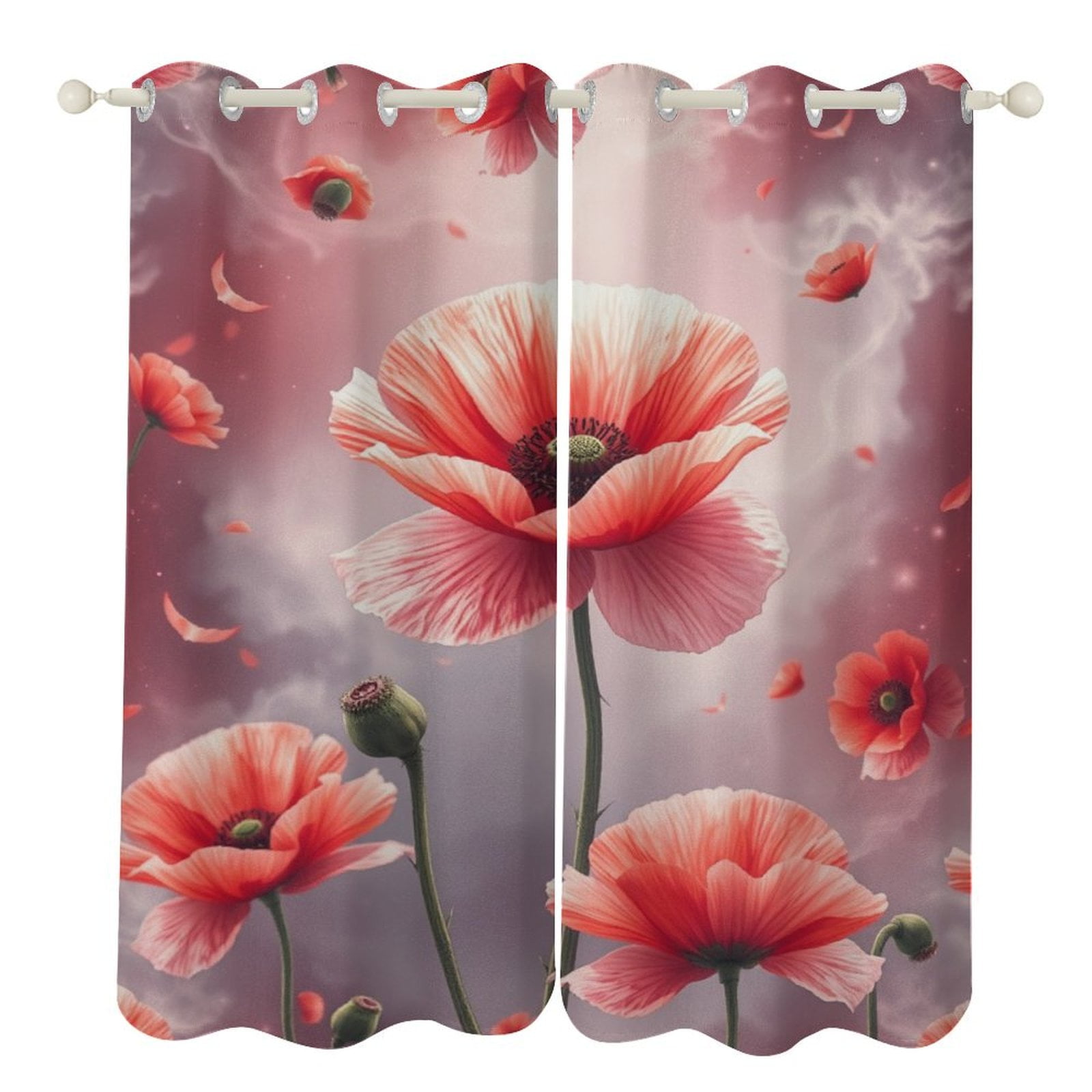 Flower Red Poppy White Dirty 2 Pieces Window Drape Curtain for Living ...