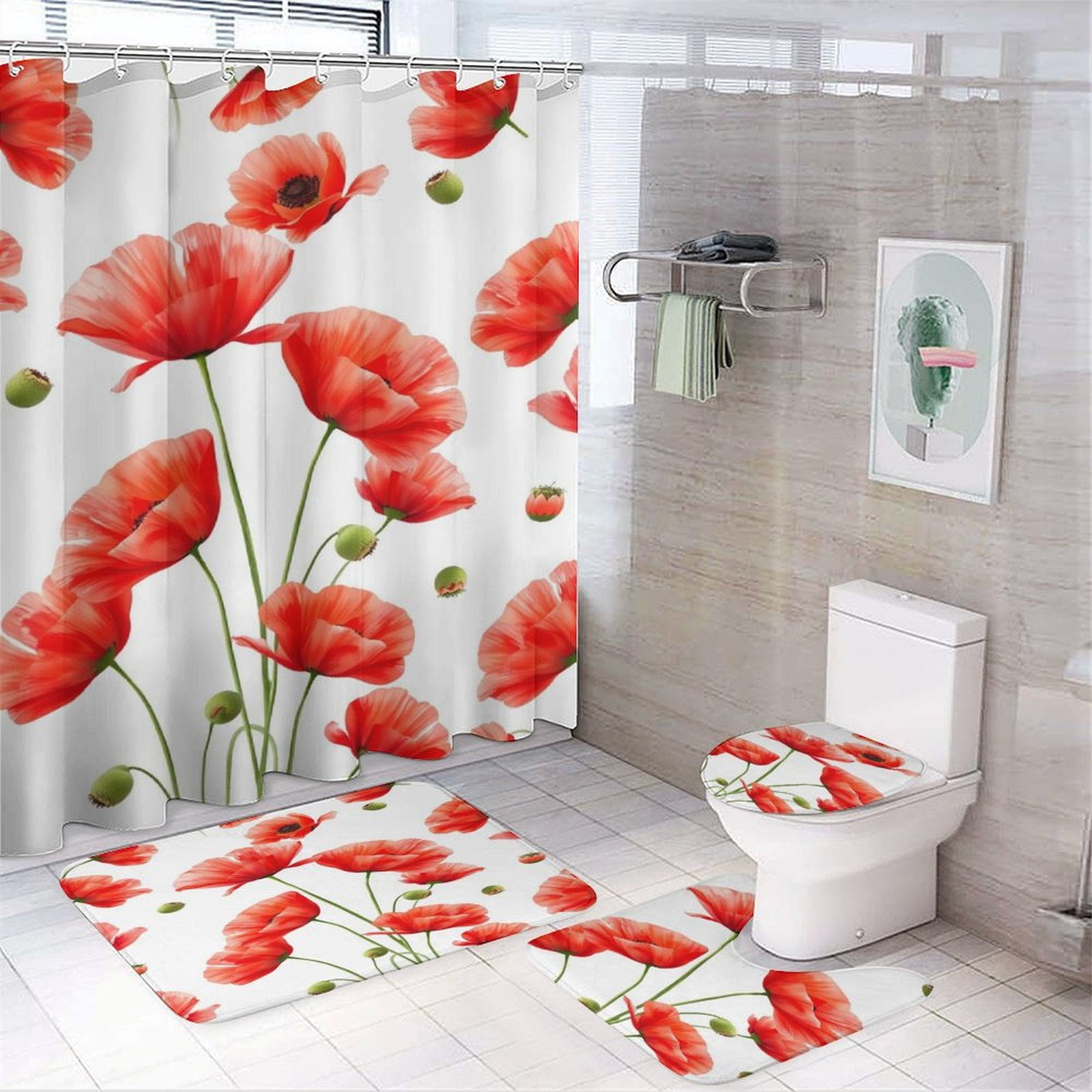 Flower Red Poppy White Dirty 4 Pieces Shower Curtain Suit Turtle Toilet ...