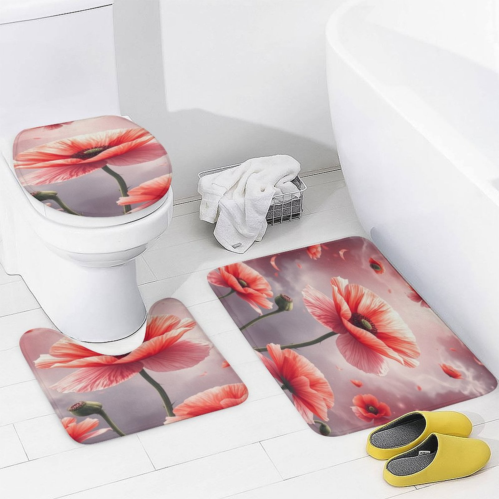 Flower Red Poppy White Dirty Bathroom Rugs Set 3 Piece with Non-Slip ...