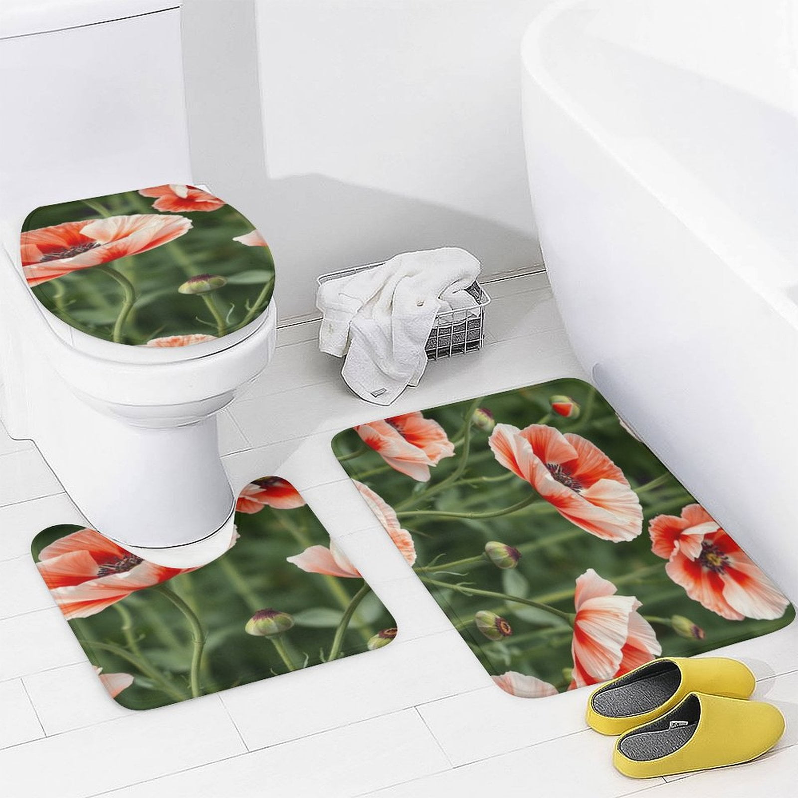 Flower Red Poppy White Dirty Bathroom Rugs Set 3 Piece with Non-Slip ...