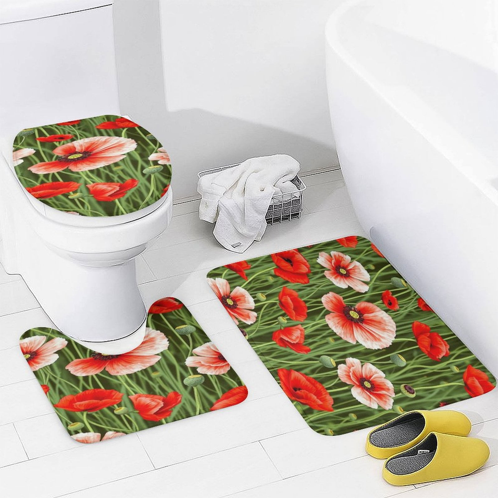 Flower Red Poppy White Dirty Bathroom Rugs Set 3 Piece with Non-Slip ...