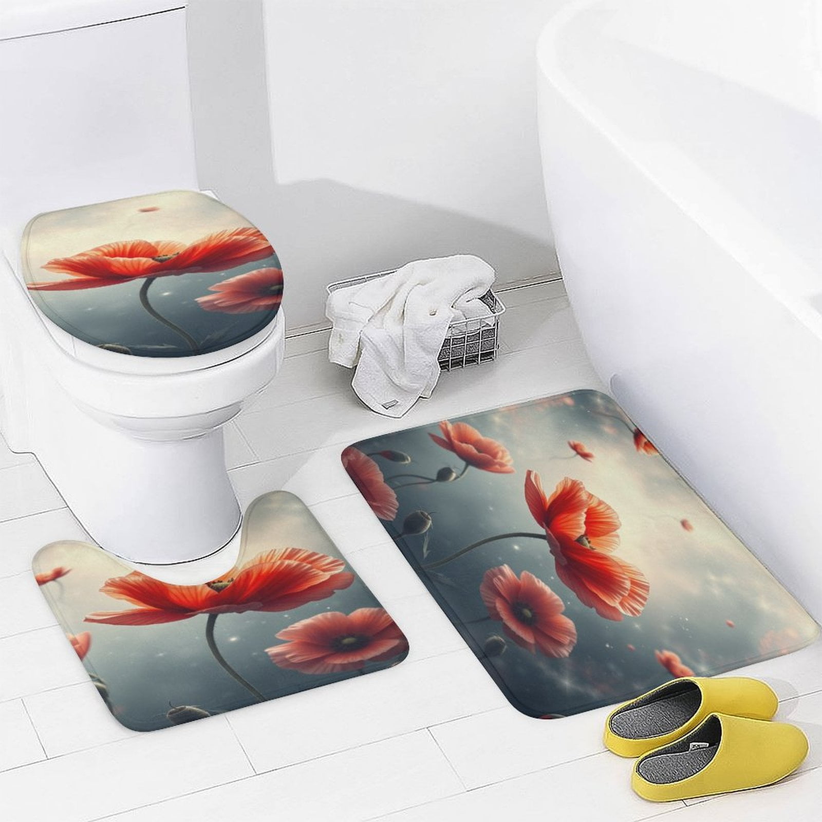 Flower Red Poppy White Dirty Bathroom Rugs Set 3 Piece with Non-Slip ...