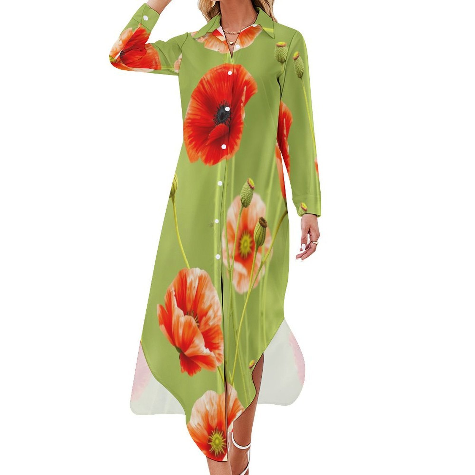 Flower Red Poppy White Dirty Casual Dress Dresses V Neck Chiffon Dress ...