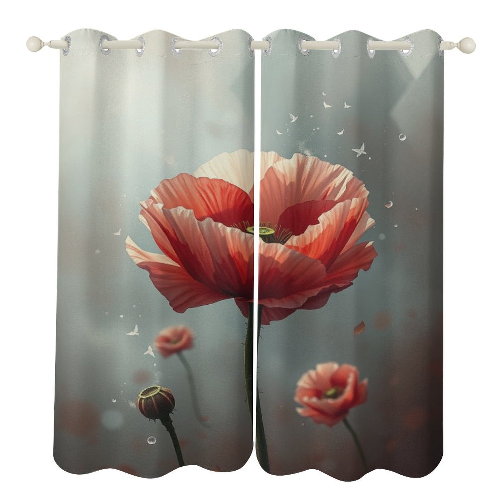 Flower Red Poppy White Dirty Curtain for Living Room Bedroom Set Design ...