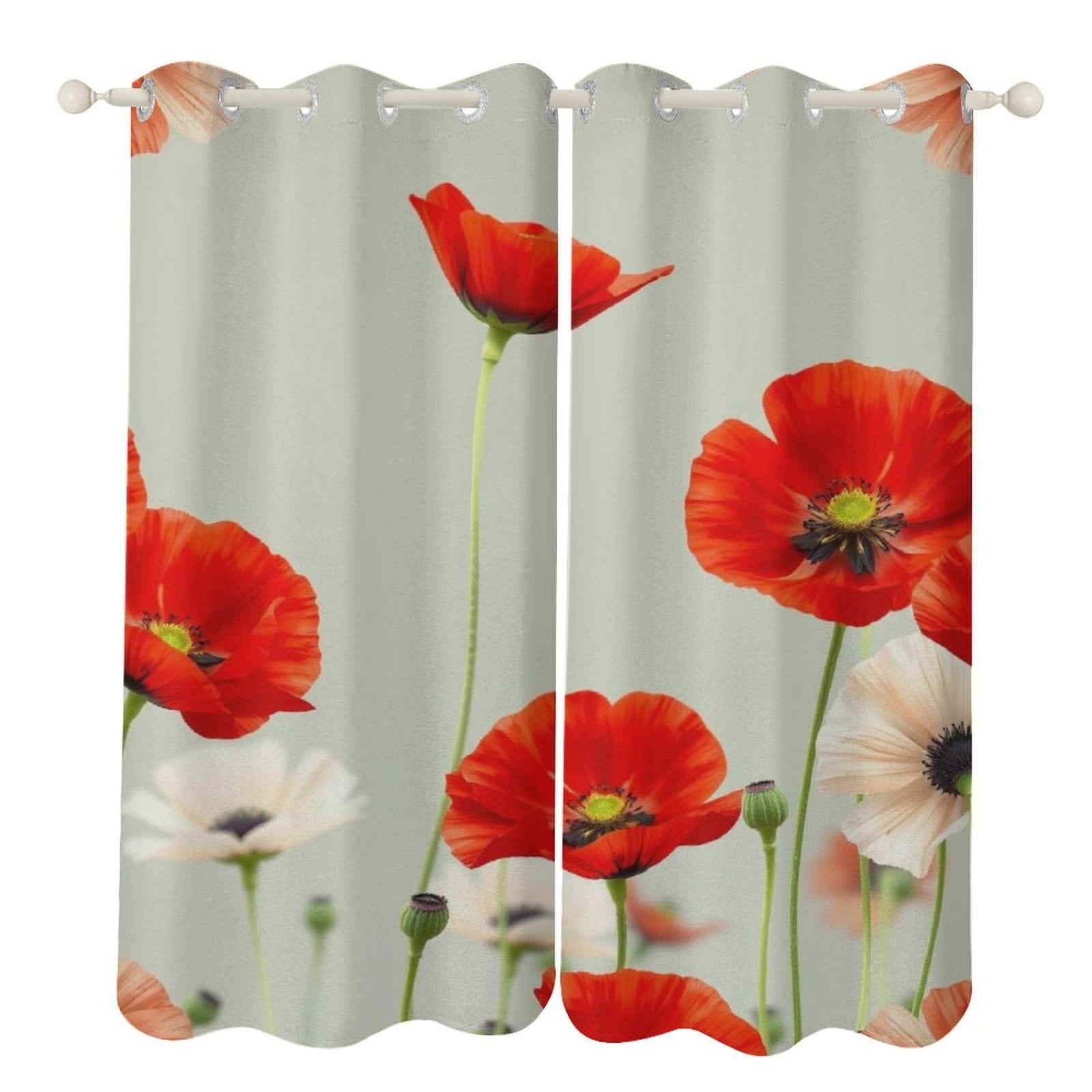 Flower Red Poppy White Dirty Curtains for Bedroom Living Room Drapes ...