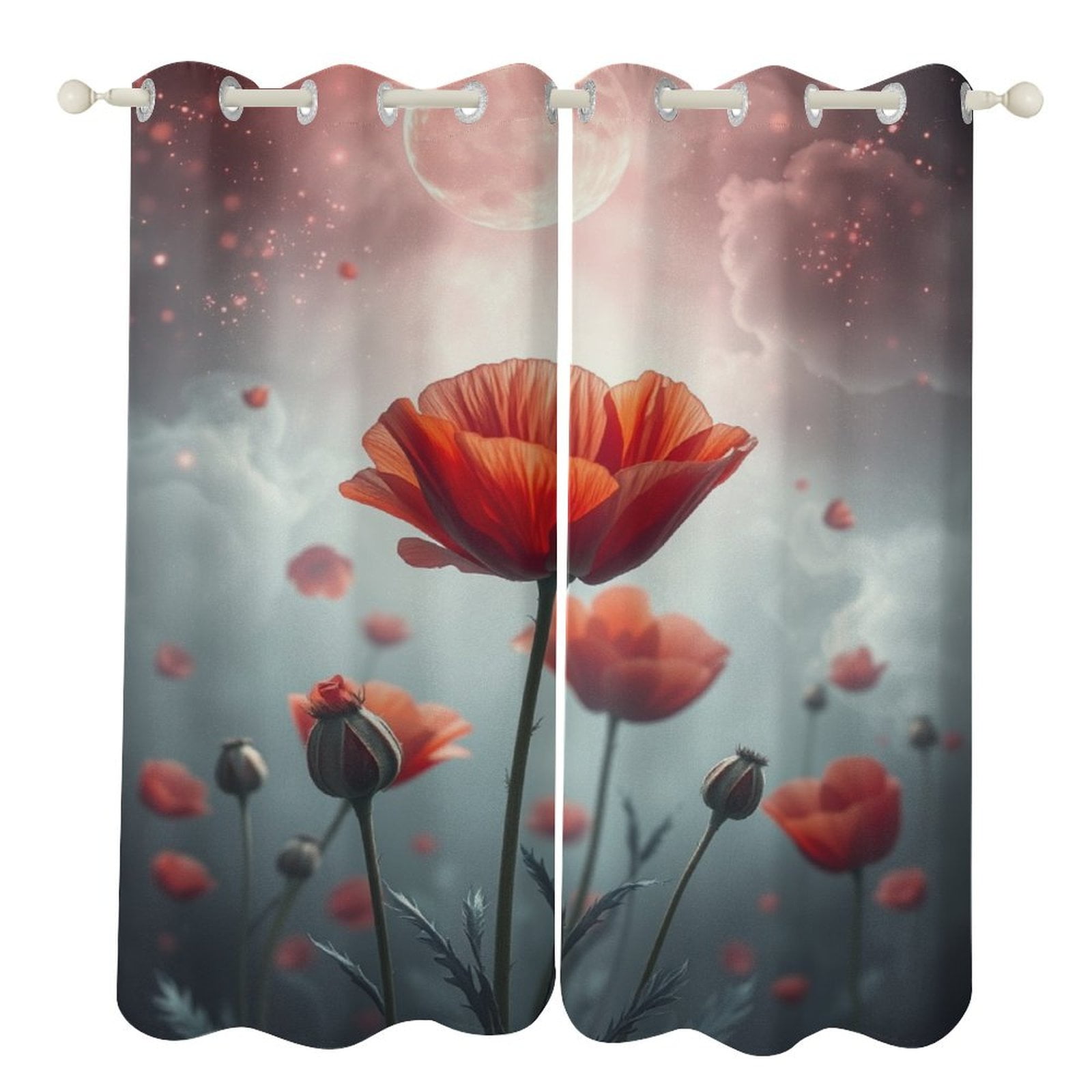 Flower Red Poppy White Dirty Curtains for Bedroom Living Room Drapes ...