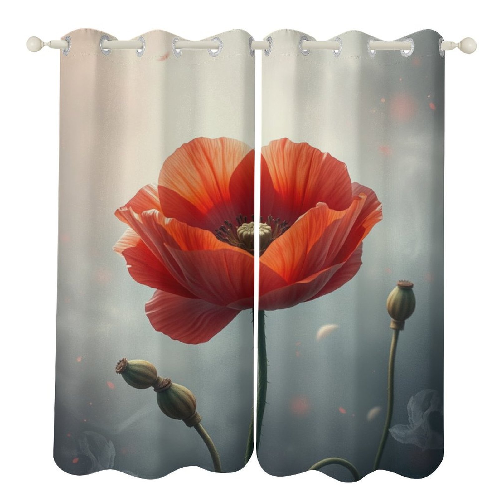 Flower Red Poppy White Dirty Curtains for Bedroom Living Room Drapes ...
