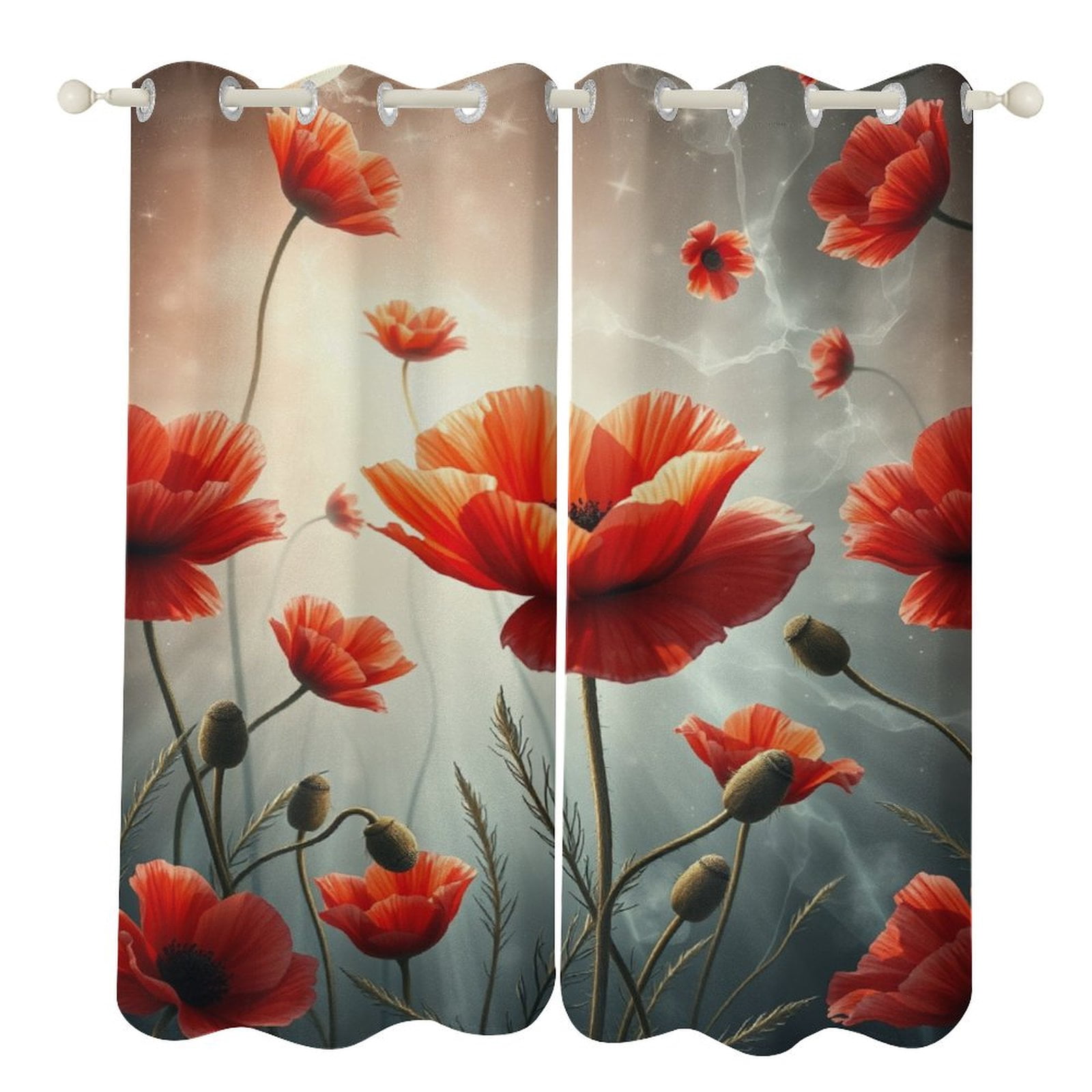 Flower Red Poppy White Dirty Curtains for Bedroom Living Room Drapes ...