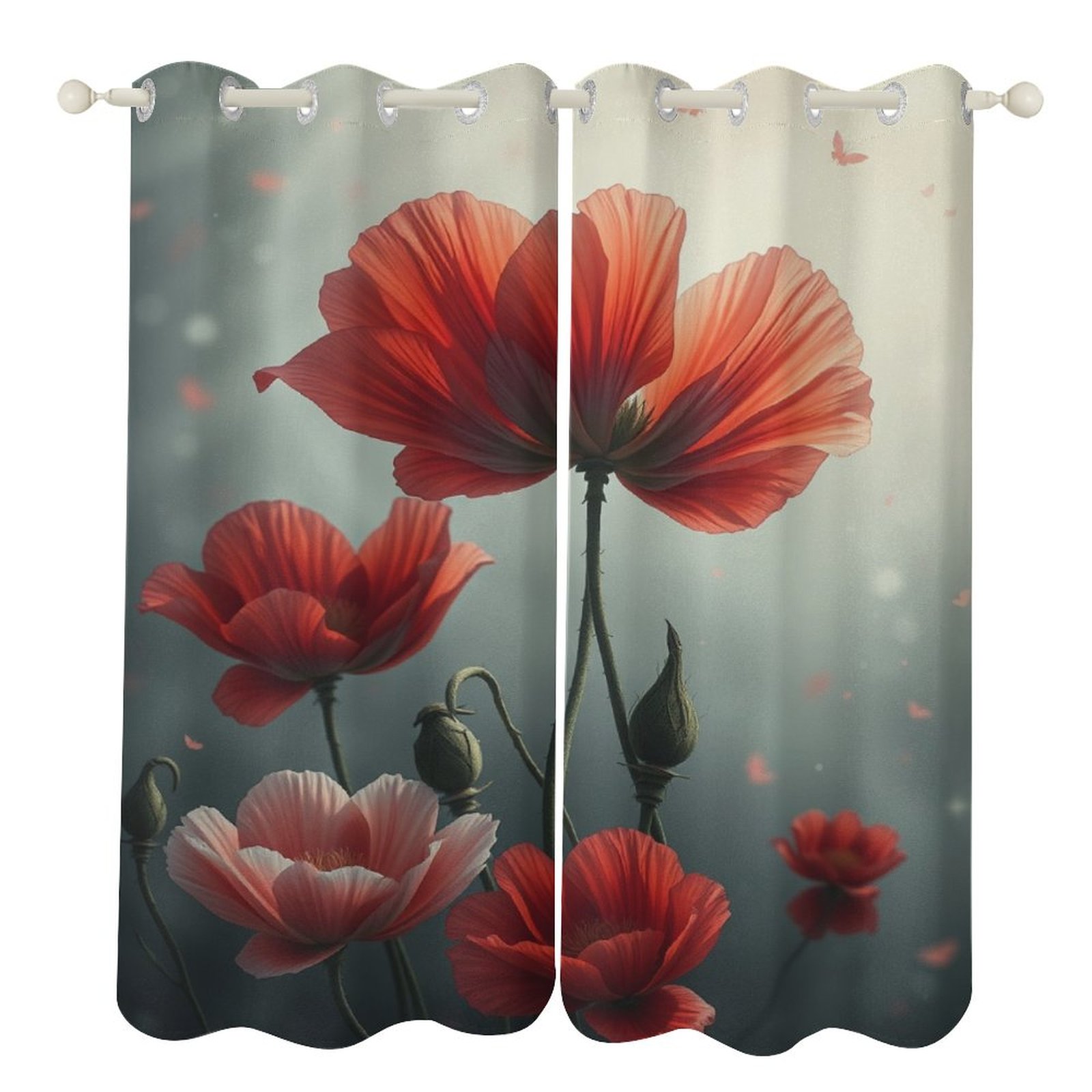 Flower Red Poppy White Dirty Curtains for Bedroom Living Room Drapes ...