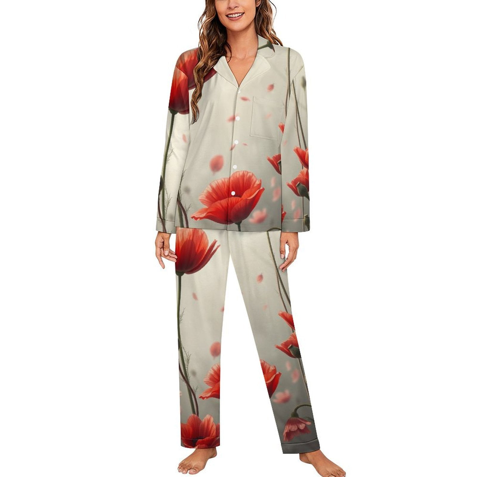 Flower Red Poppy White Dirty Pajamas Night V Neck Nightwear Lady Two ...