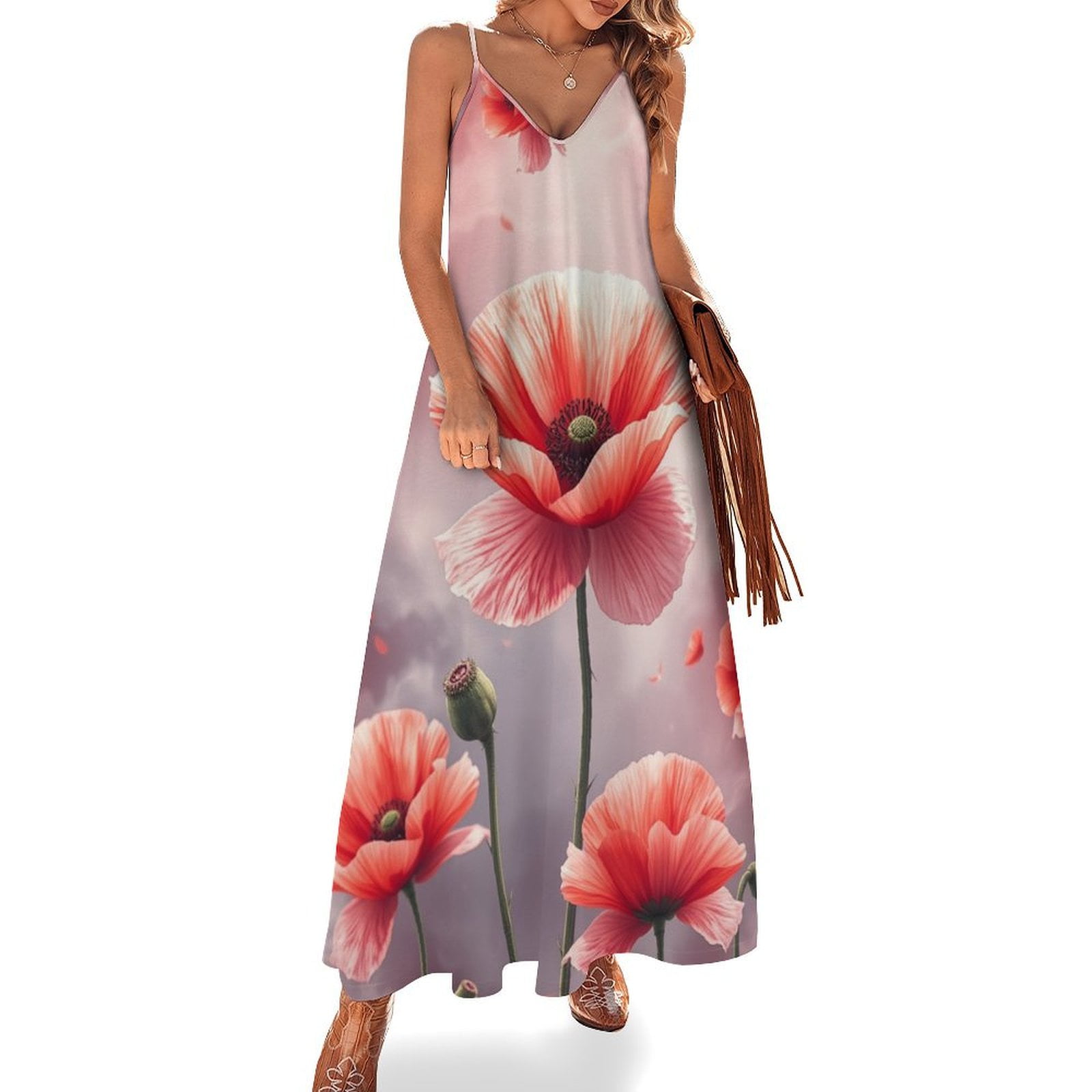 Flower Red Poppy White Dirty Sleeveless Dress Beach Outfits for Women Luxury Dress Dress Women ...