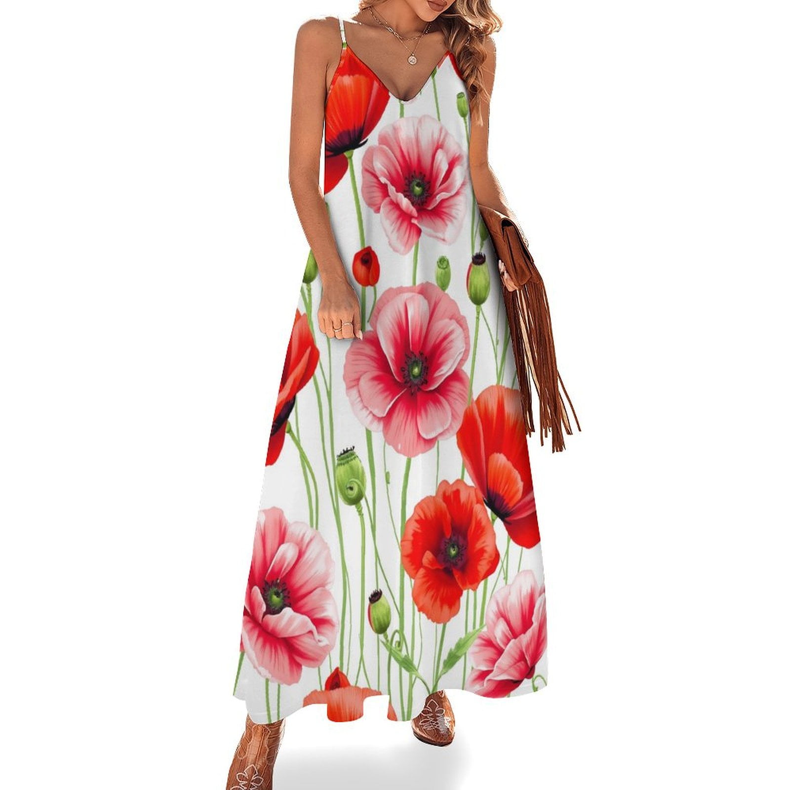 Flower Red Poppy White Dirty Sleeveless Dress Beach Outfits for Women Luxury Dress Dress Women ...