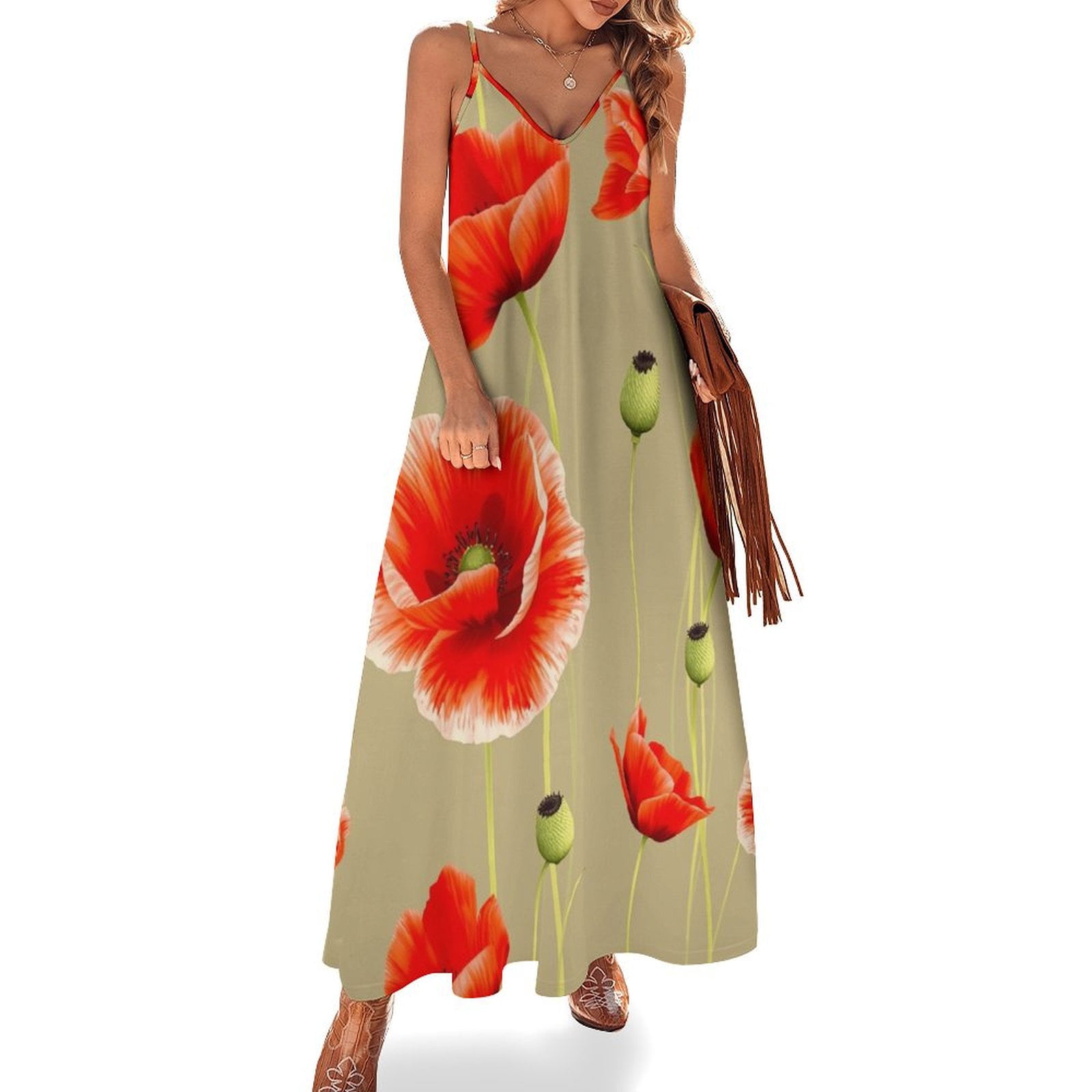 Flower Red Poppy White Dirty Sleeveless Dress Summer Outfits for Women ...