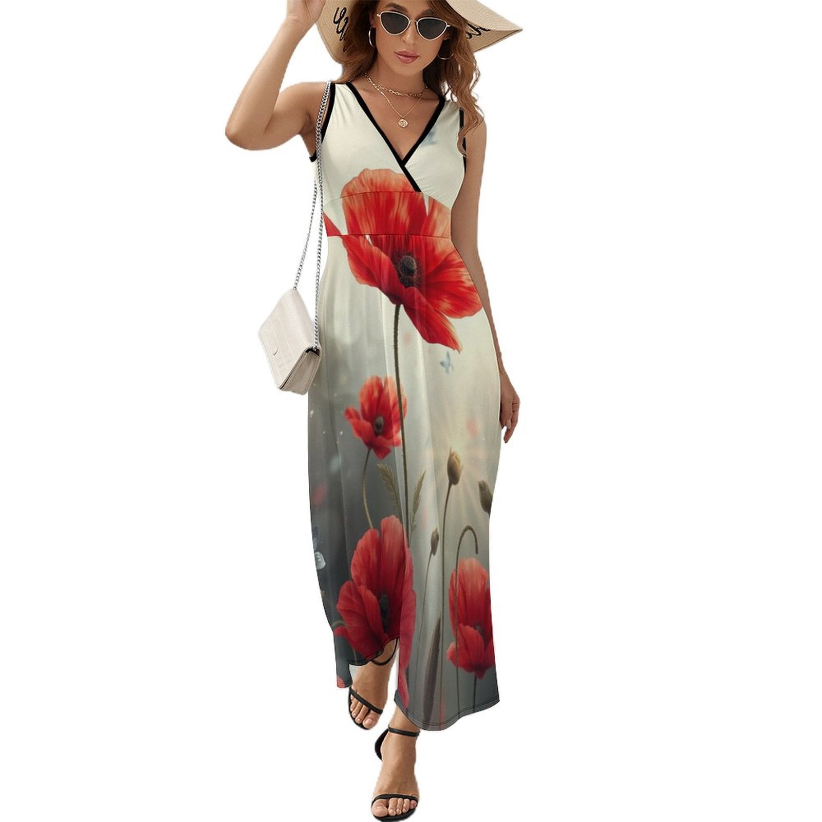 Flower Red Poppy White Dirty Sleeveless Luxury Evening Dress For Women ...