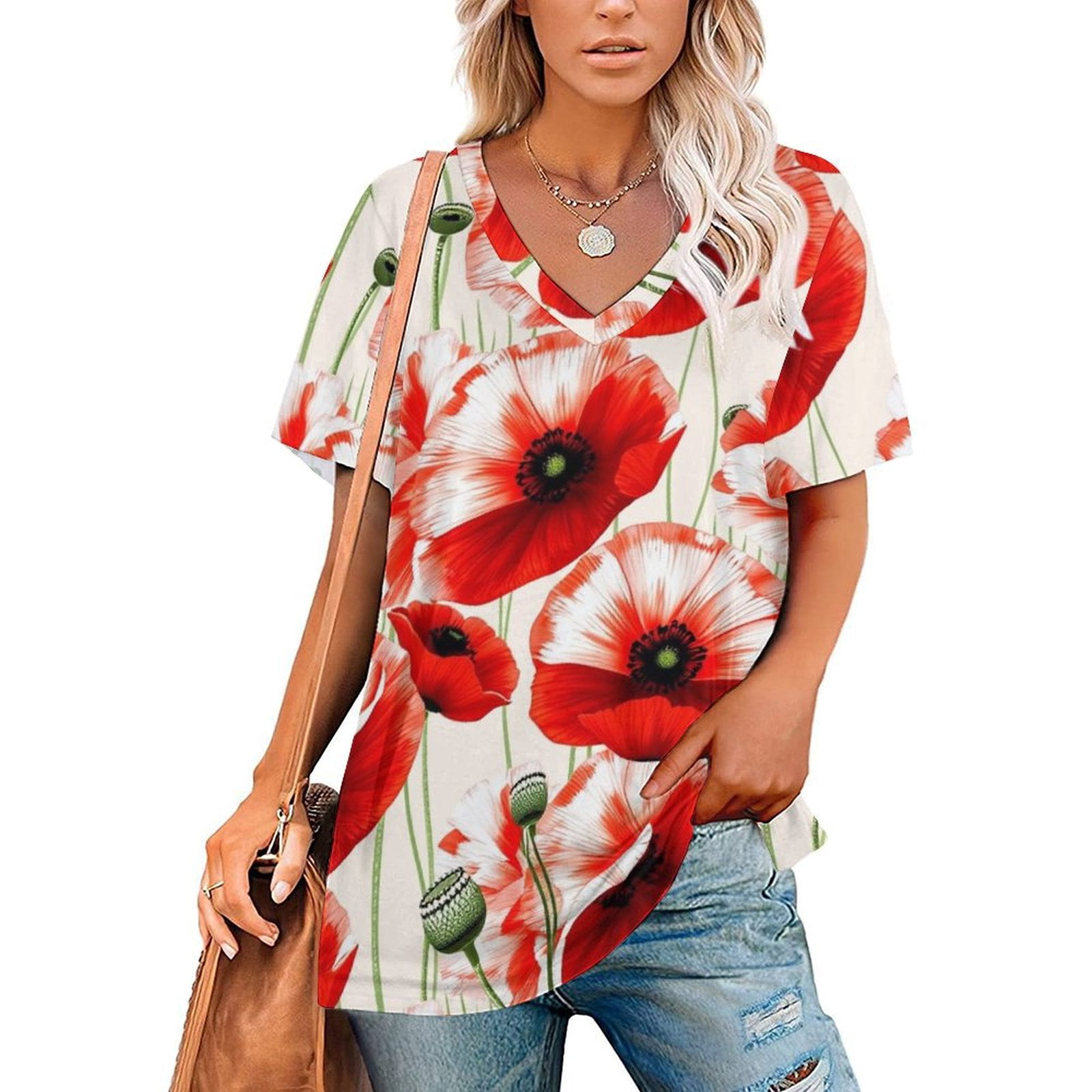 Flower Red Poppy White Dirty V Neck Fashion Oversize T-Shirt Short ...