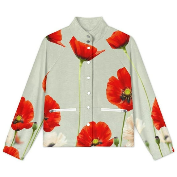 Flower Red Poppy White Dirty Warm Women's Plush Jacket Stand Collar ...