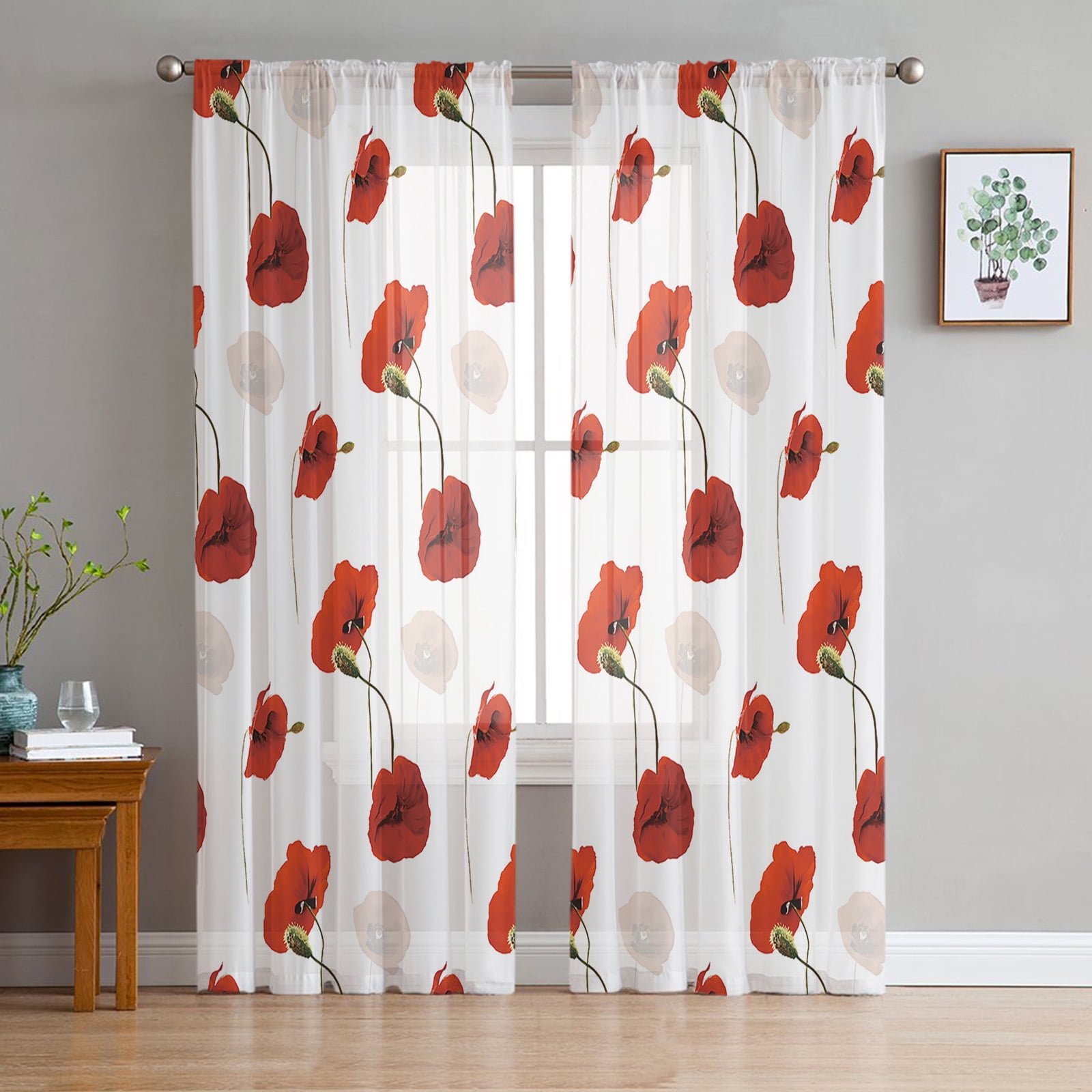 Flower Red Poppy White Sheer Curtains for Living Room ration Window ...