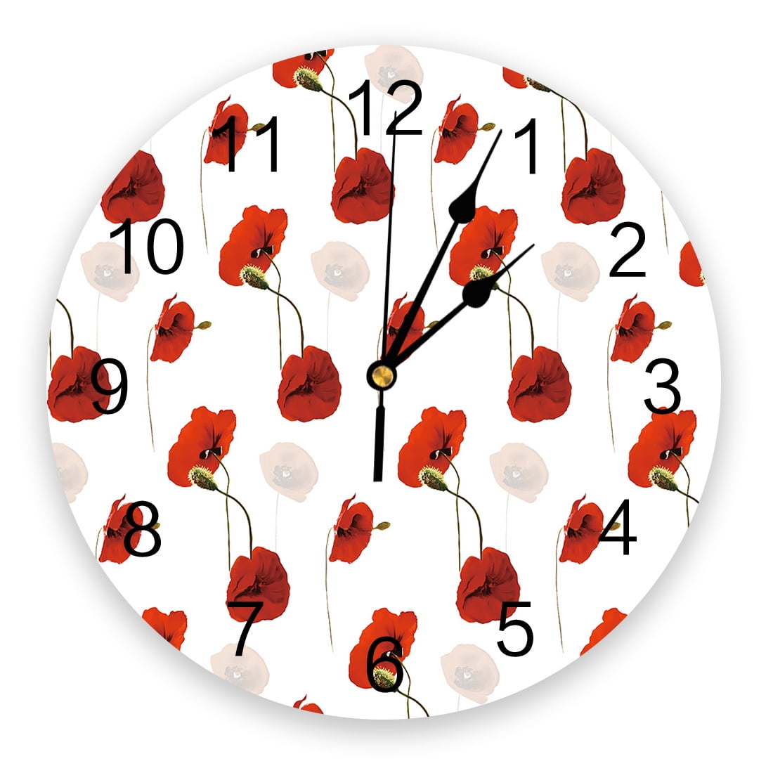 Flower Red Poppy White Wall Clock rative for Living Room Kitchen ...