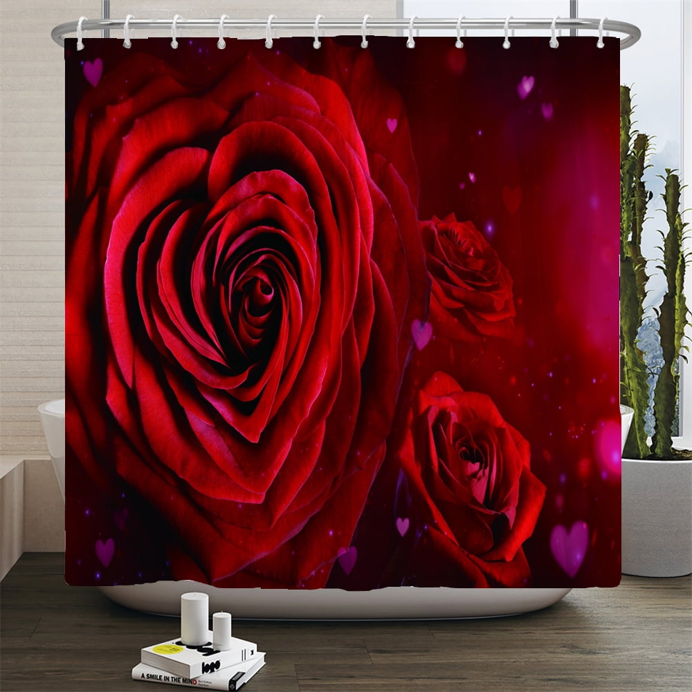 Flower Red Rose Shower Curtain Set Toilet Lid Cover and Bath Mat ...