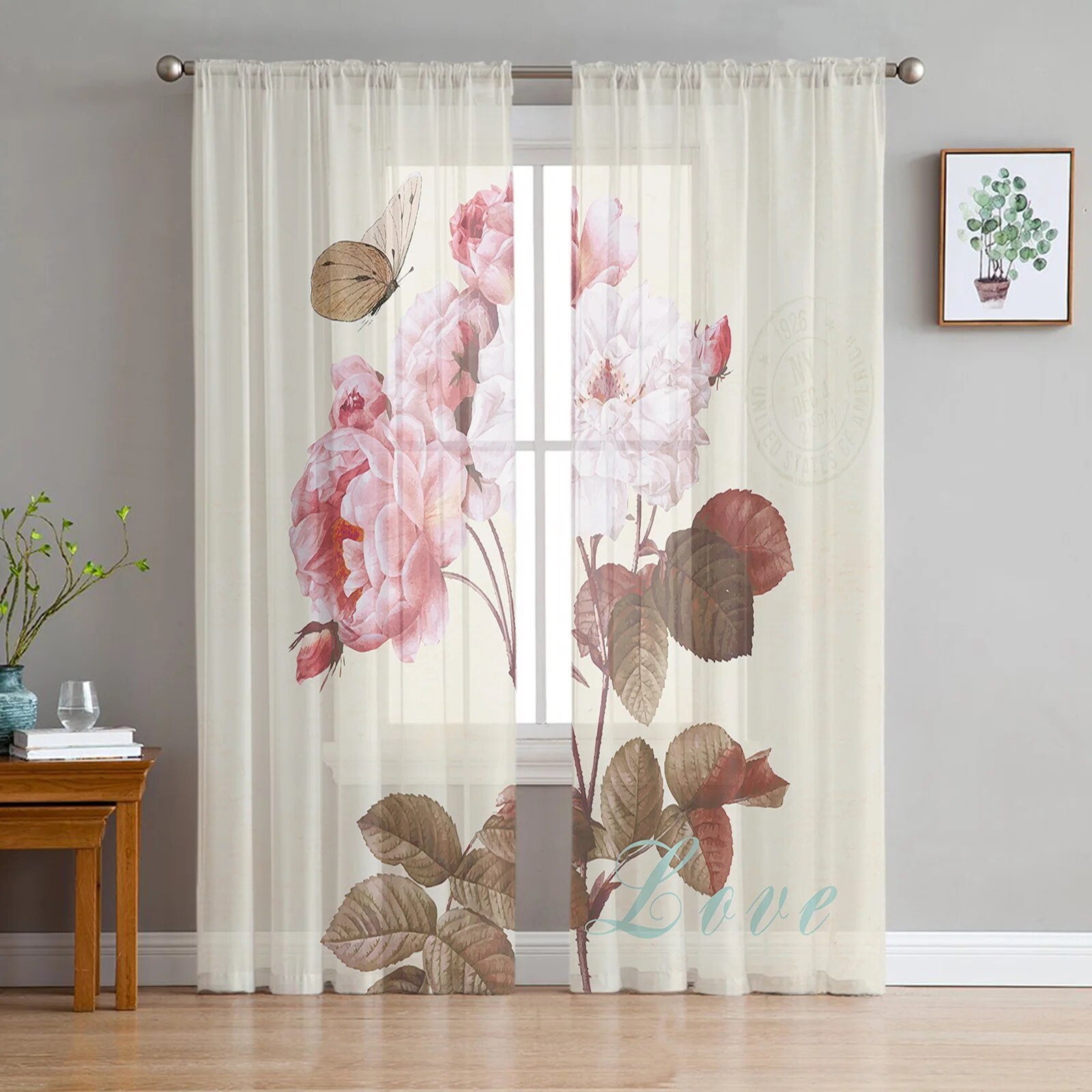 Flower Retro Butterfly Chiffon Sheer Curtains For Living Room Bedroom ...