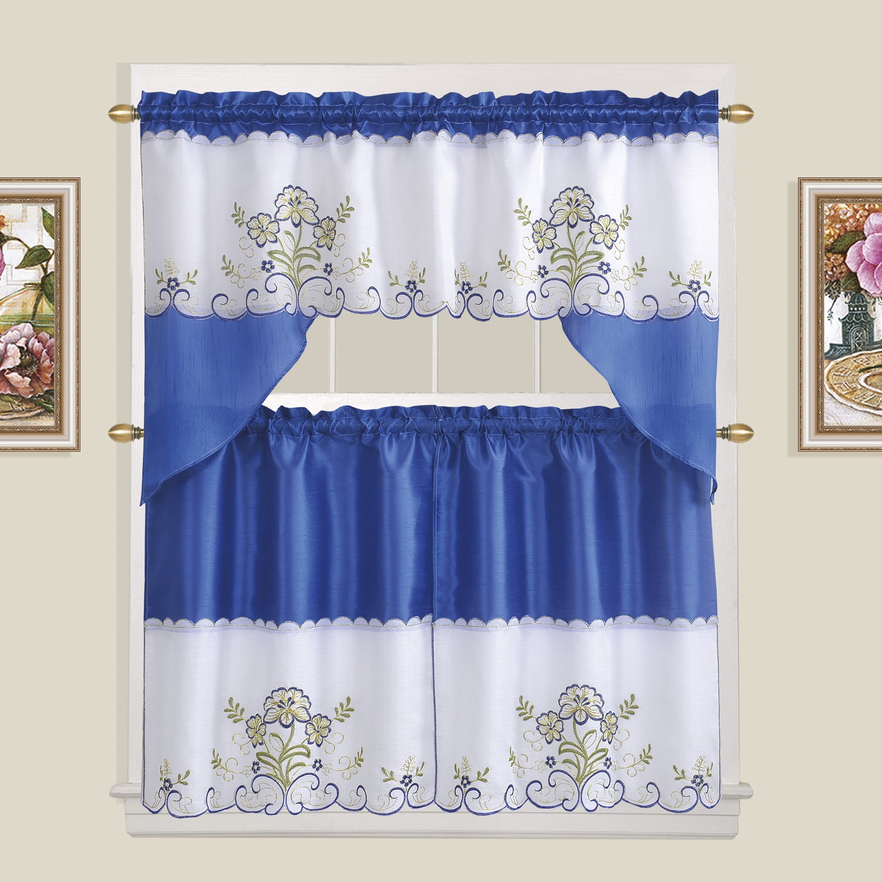 Flower Rope Embroidered 3-Piece Kitchen Curtain Tiers & Swag Set, Blue ...
