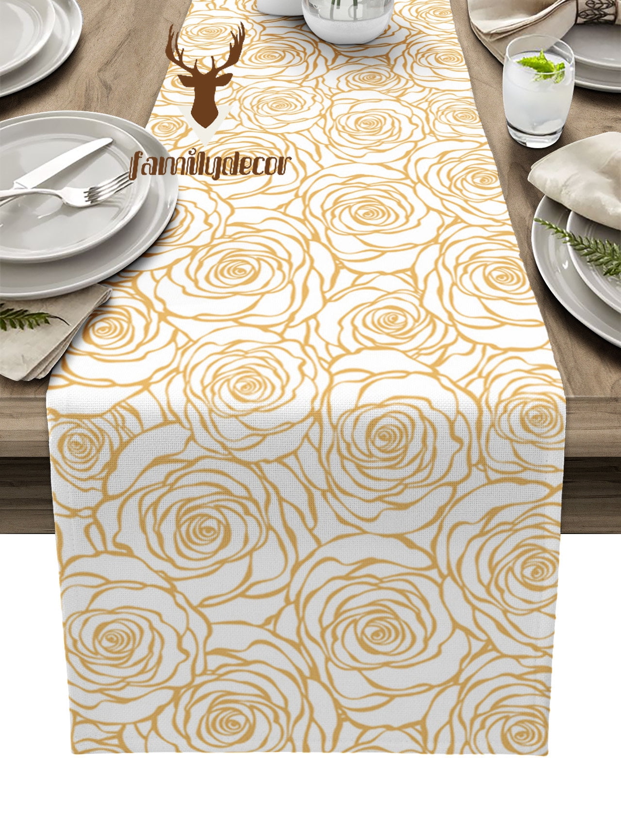 Flower Rose Gold Stroke White Table Runner Wedding Party Decoration ...