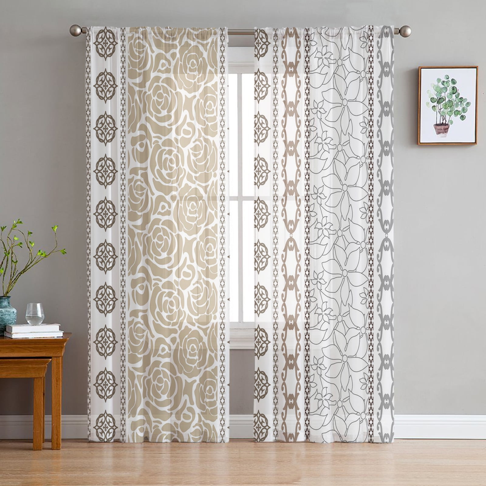 Flower Rose Plant Pattern Line Tulle Curtains for Living Room Bedroom ration Transparent Chiffon ...