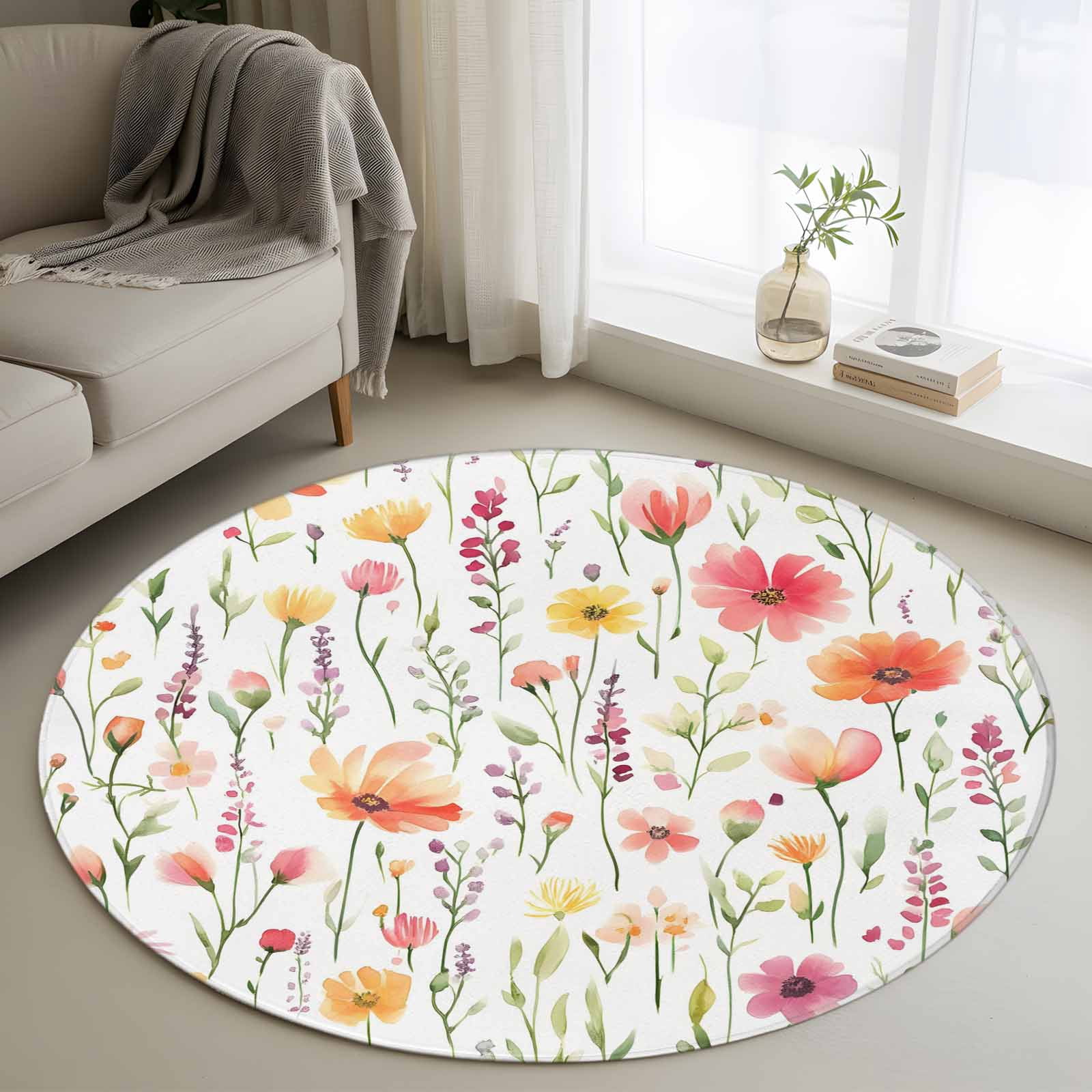 Flower Round Area Rug 4 FT, Non Slip Indoor Outdoor Rug, Eucalyptus ...