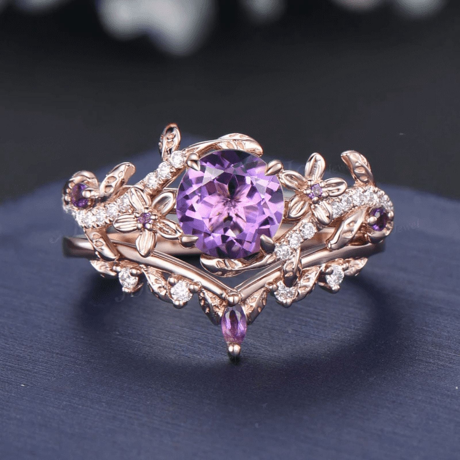 Flower Round Cut Amethyst Ring Set - Nature Inspired Leaf Vine Amethyst ...