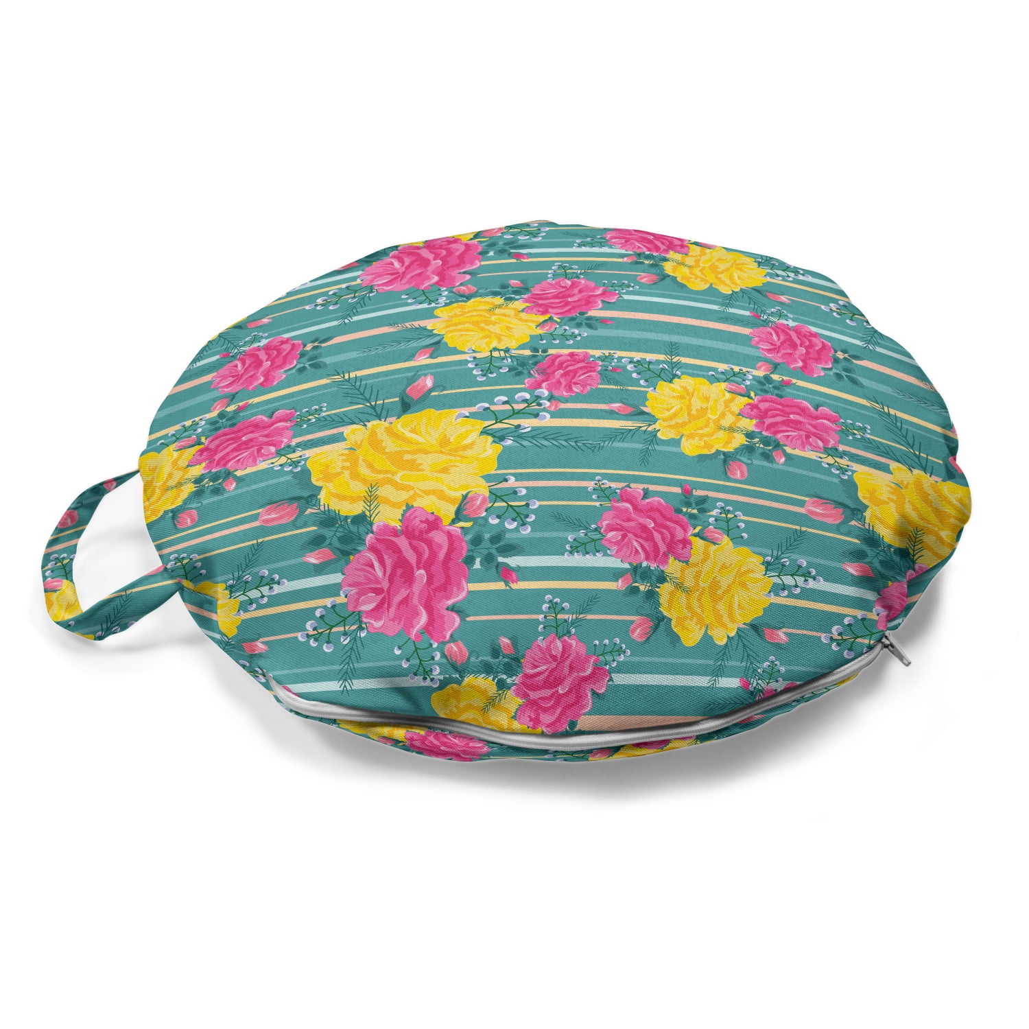 Flower Round Floor Cushion with Handle, Retro Repetitive Pattern with ...