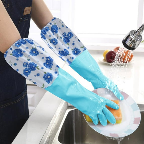 Flower Rubber Velvet Long Gloves, Non-Slip Household Cleaning Gloves ...
