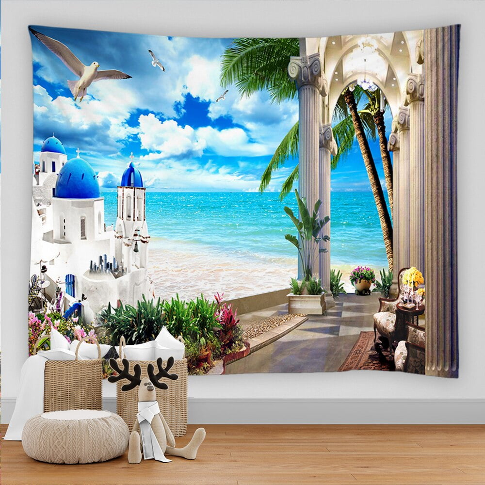 Flower Seaview Landscape Tapestry Wall Hanging Mediterranean Sea Beach ...