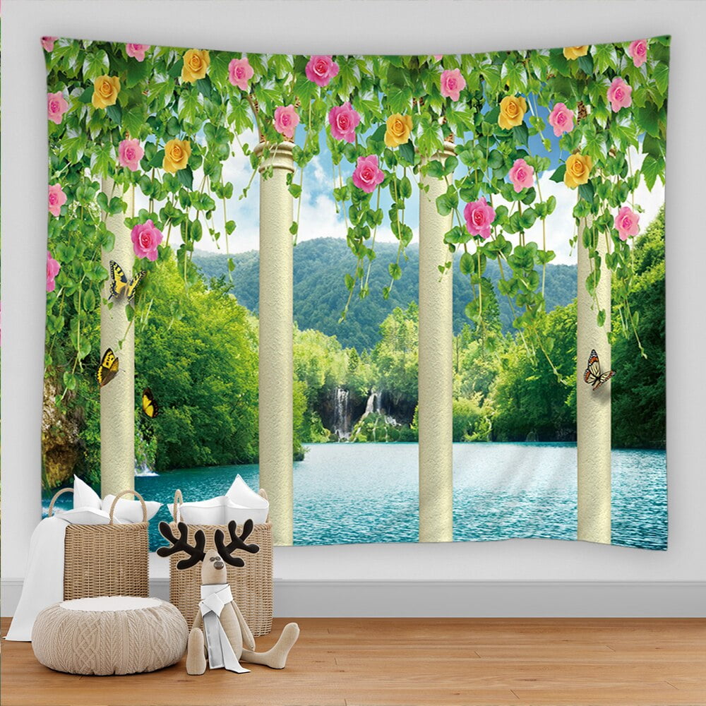 Flower Seaview Landscape Tapestry Wall Hanging Mediterranean Sea Beach ...
