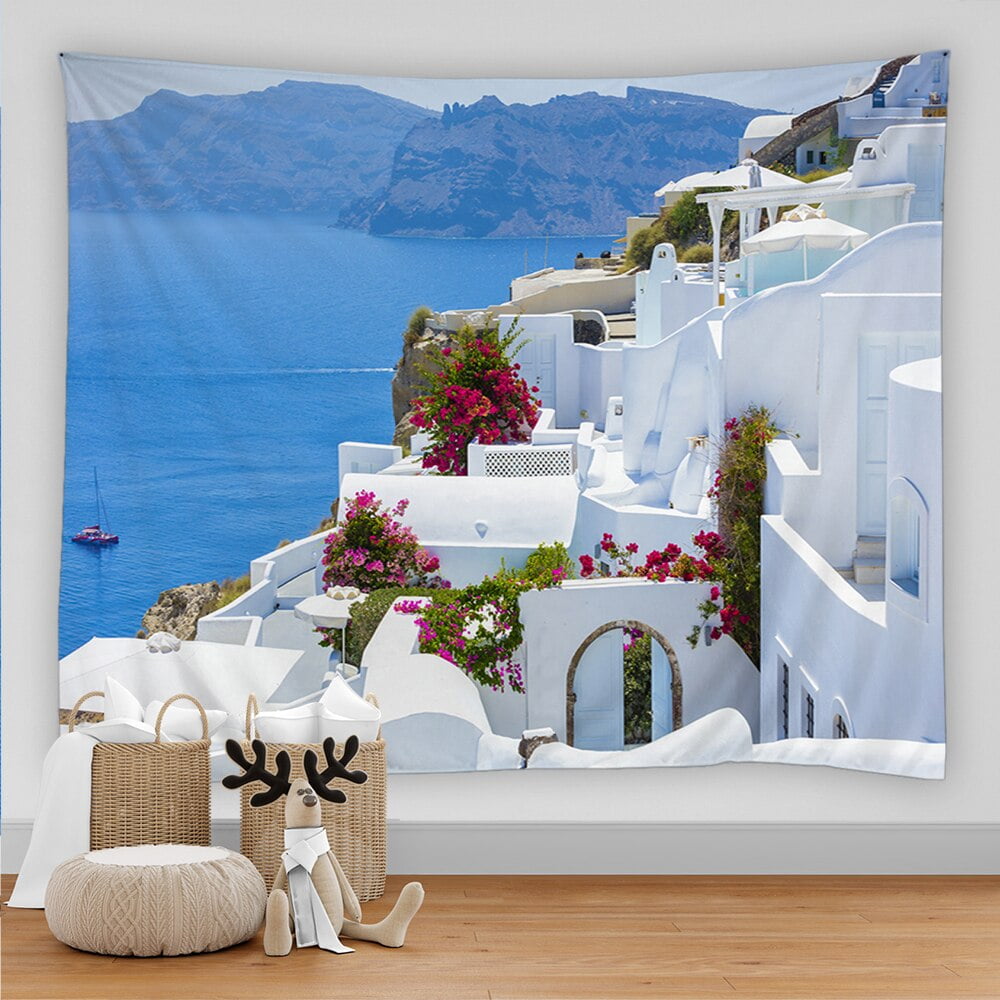 Flower Seaview Landscape Tapestry Wall Hanging Mediterranean Sea Beach ...