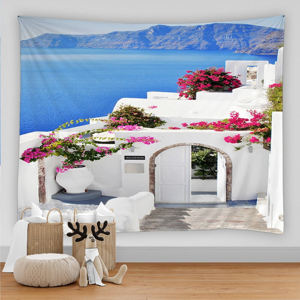 Flower Seaview Landscape Tapestry Wall Hanging Mediterranean Sea Beach ...