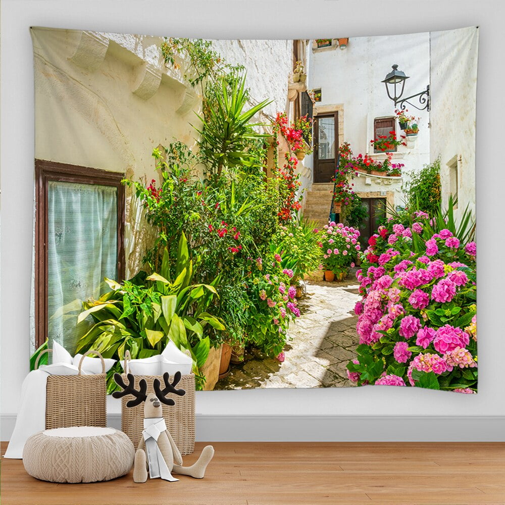 Flower Seaview Landscape Tapestry Wall Hanging Mediterranean Sea Beach ...