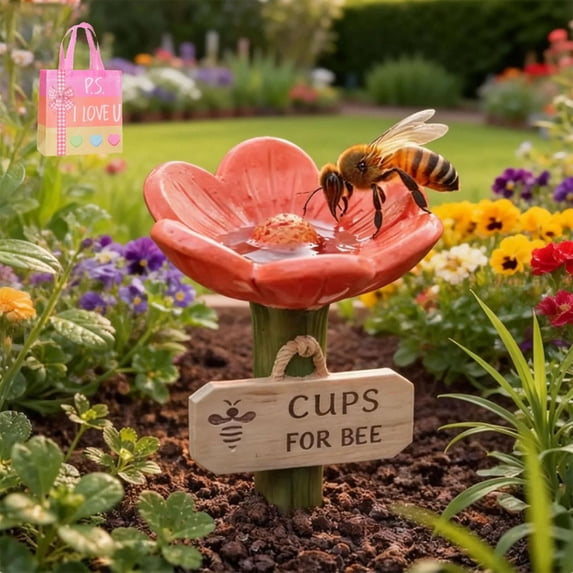 Flower-Shaped Ceramic Bee & Hummingbird Feeder with Stake Base - Red ...
