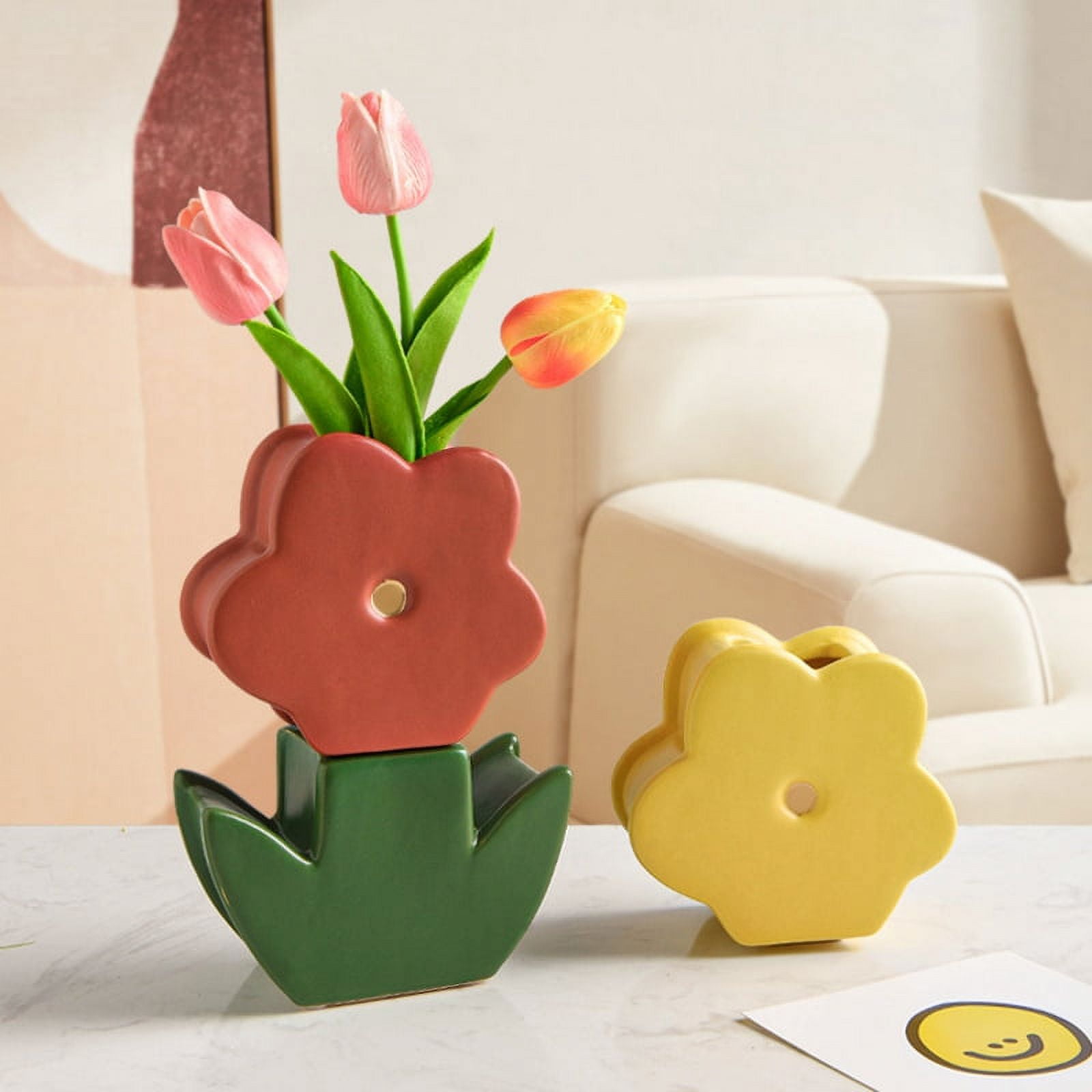 Flower-Shaped Ceramic Vase for Living Room,Kitchen,Office, Geometric ...