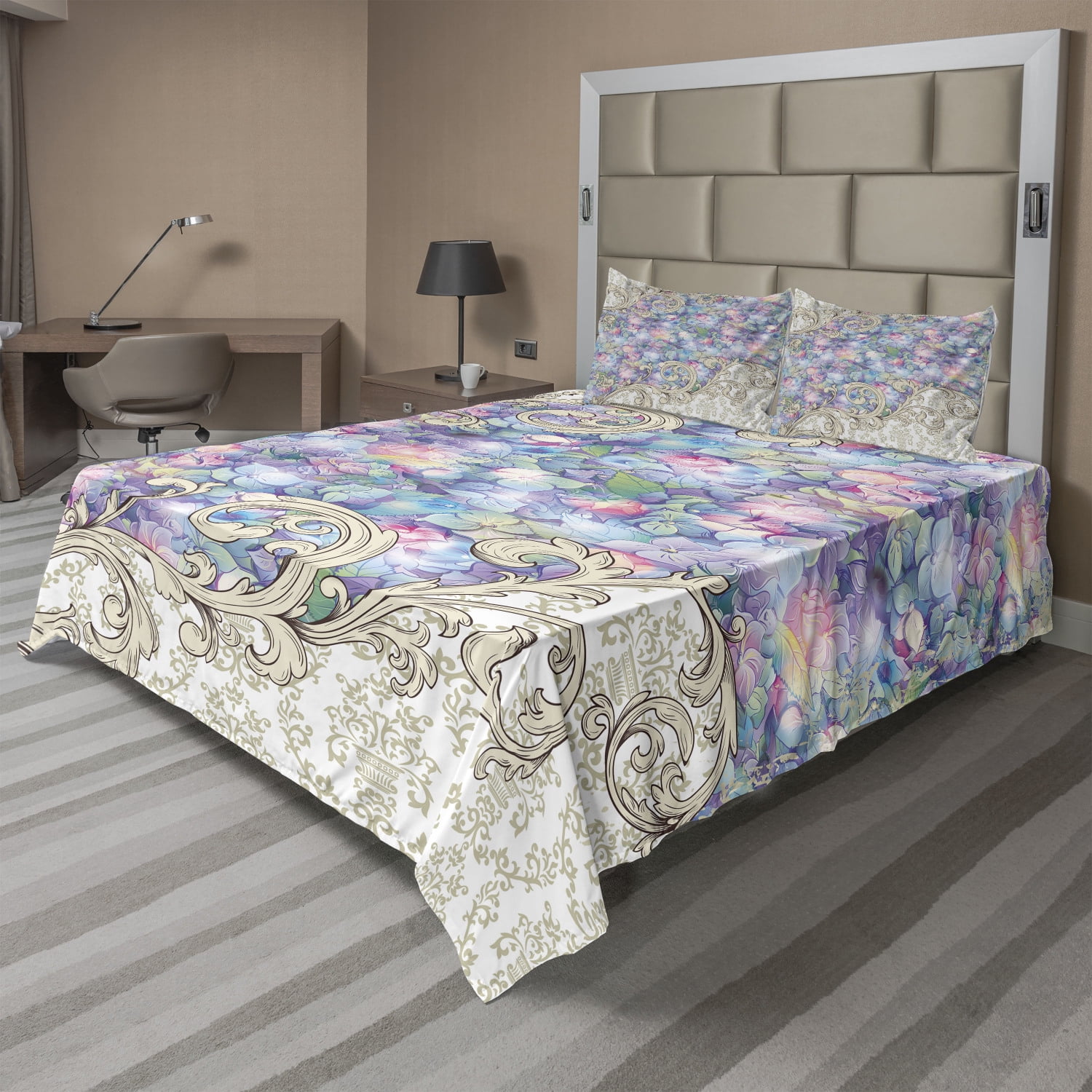 Flower Sheet Set, Colorful Hydrangeas Romantic Baroque Swirls Art ...