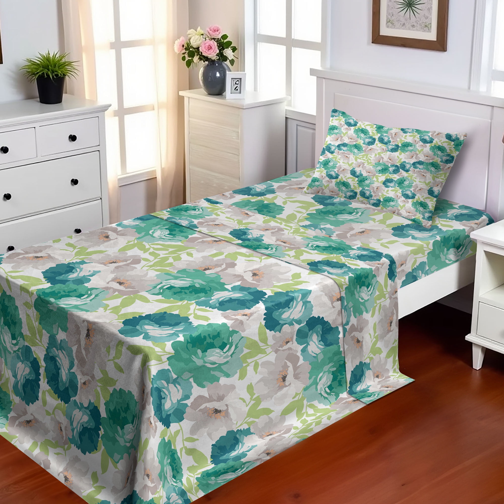 Flower Sheet Set, Floral Pattern with Rose Vintage Inspired Watercolor ...